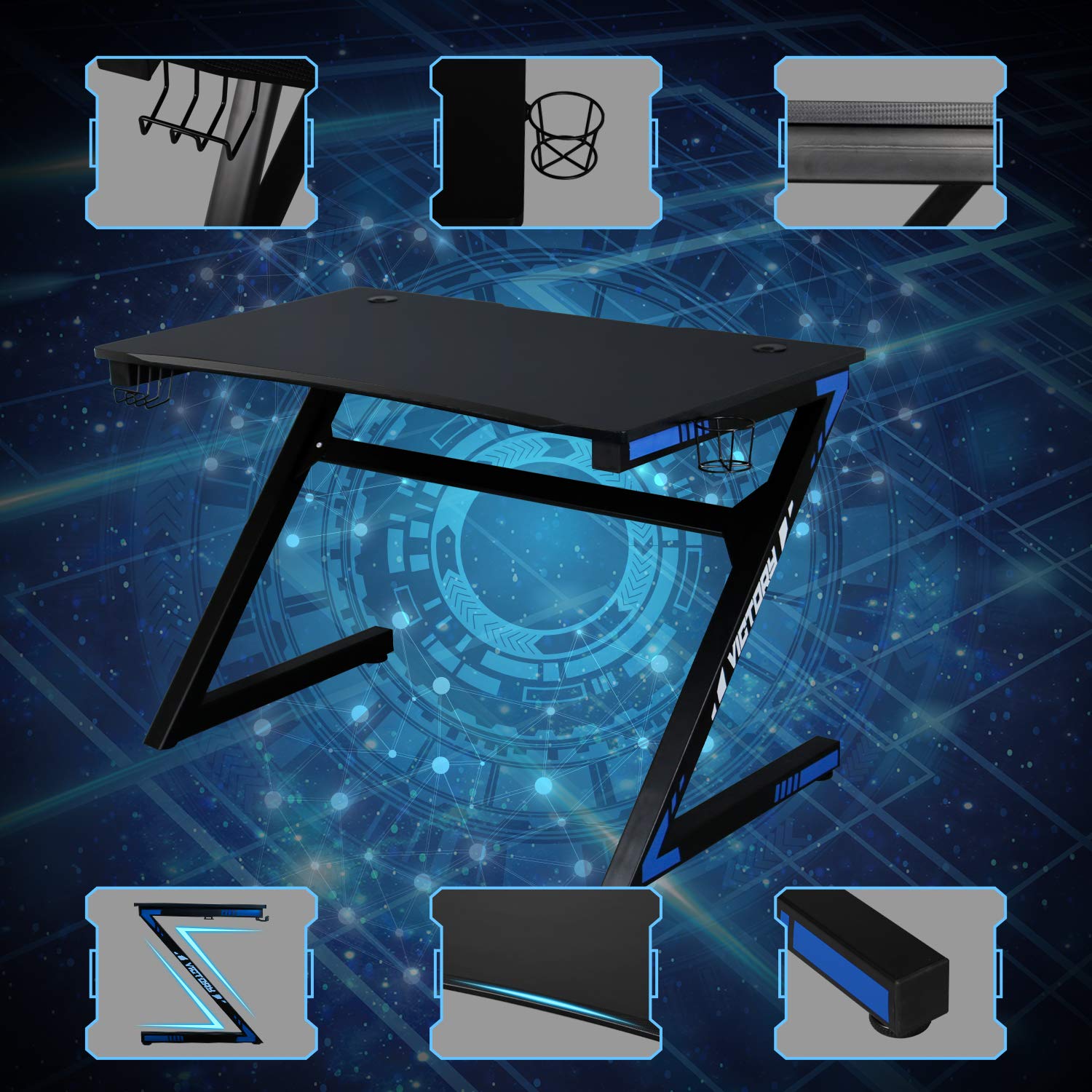 YIGOBUY Computer Gaming Desk with Large Carbon Fiber Surface Cup Holder & Headphone Hook for Home or Office, Gaming PC Desk Table(Black and Blue)