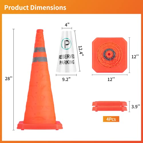 yeesport 4PCS 18 Inch Collapsible Traffic Cones, Multi Purpose Orange Cones with Reflective Strip Collar, Traffic Safety Cones for Road Safety, Parking and Driver Training