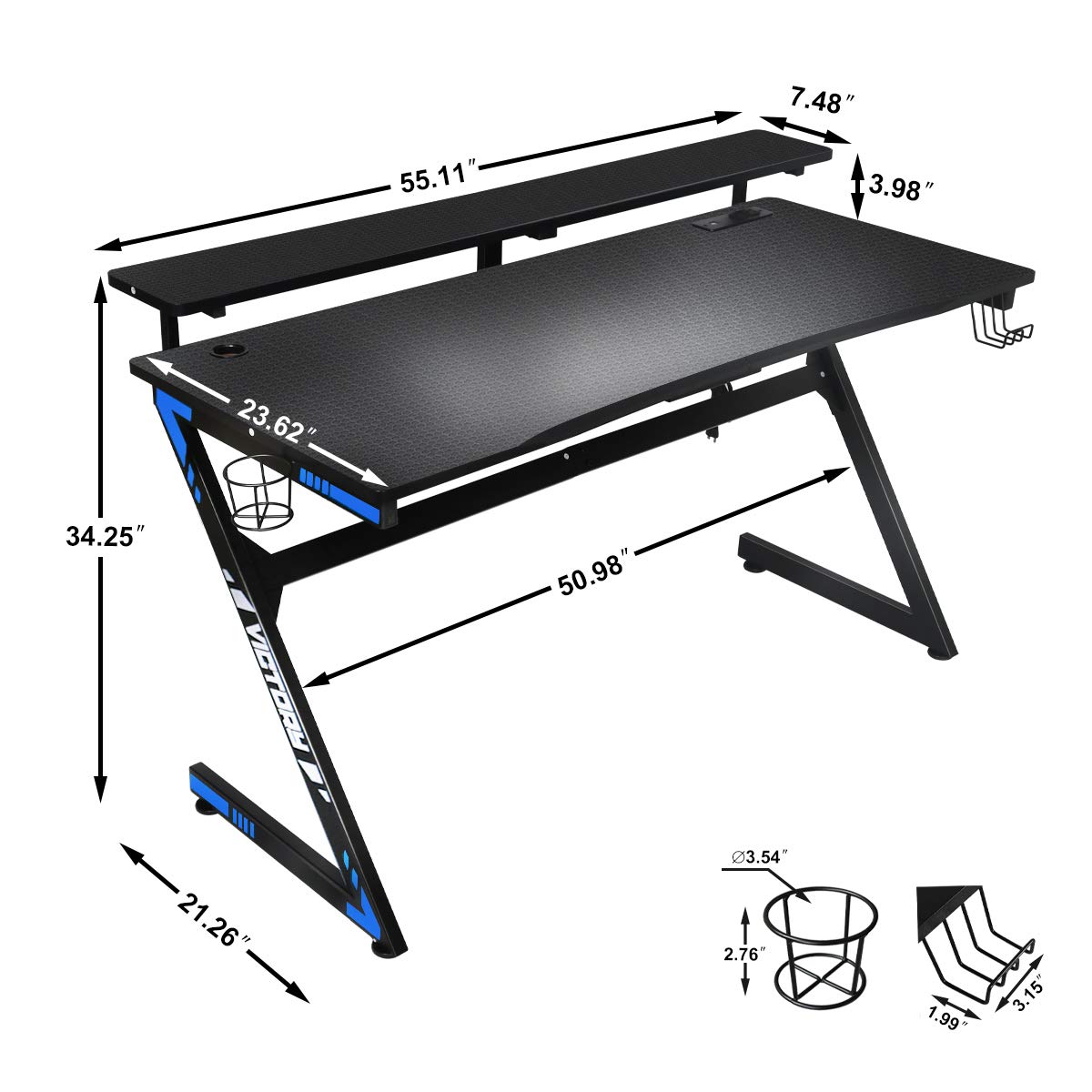 YIGOBUY Large Gaming Desk 55 Inch Computer Gaming Desk E-Sports Racing Table with with Cup Holder, Headphone Hook for Home Office, Black