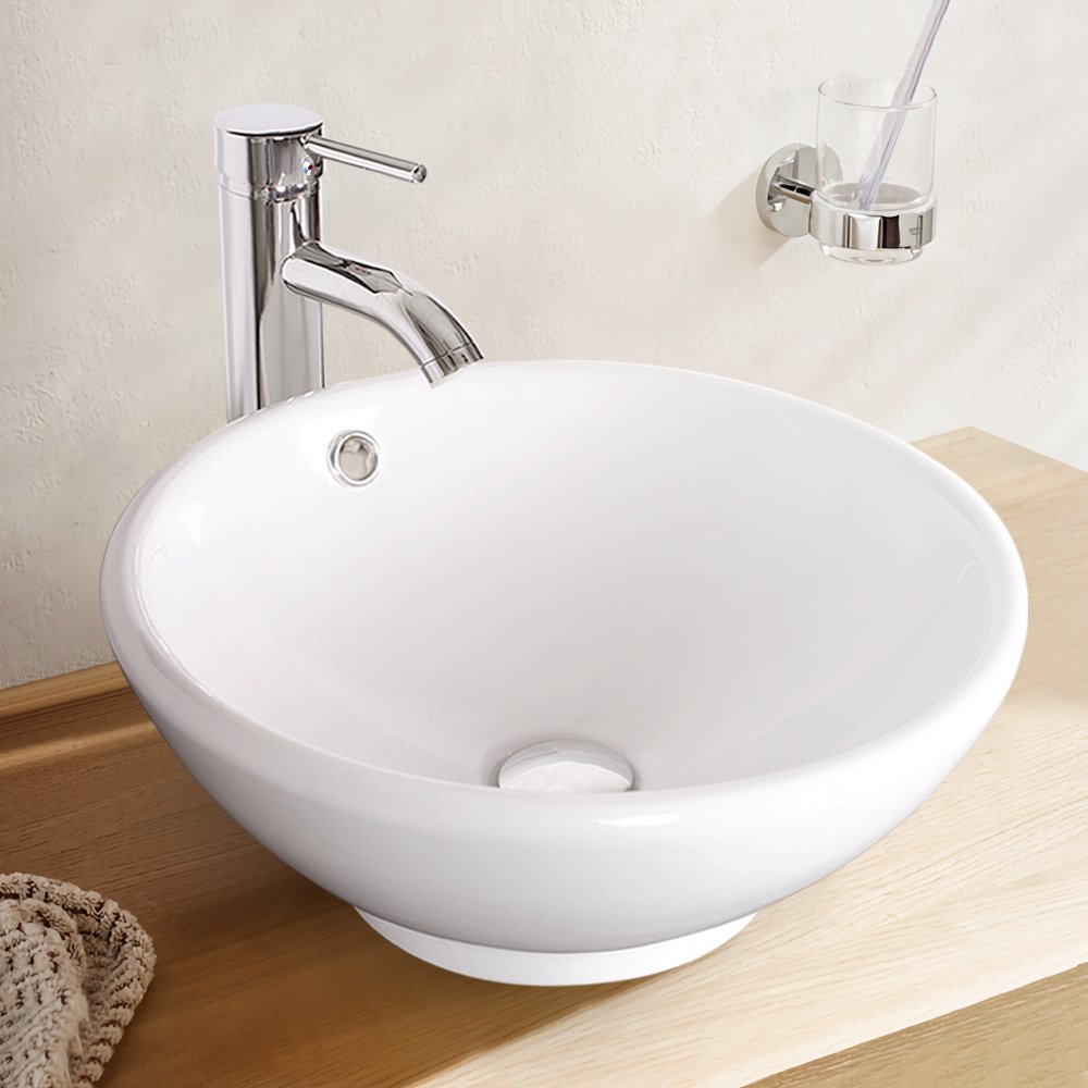 U-Eway 24 Wall Mounted Bathroom Vanity and Sink Combo,Concrete Grey Color Vanity Set with 2 Drawers,White Ceramic(Round) Vessel Sink Top,W/Polish Faucet,Pop Up Drain,Mirror Inc