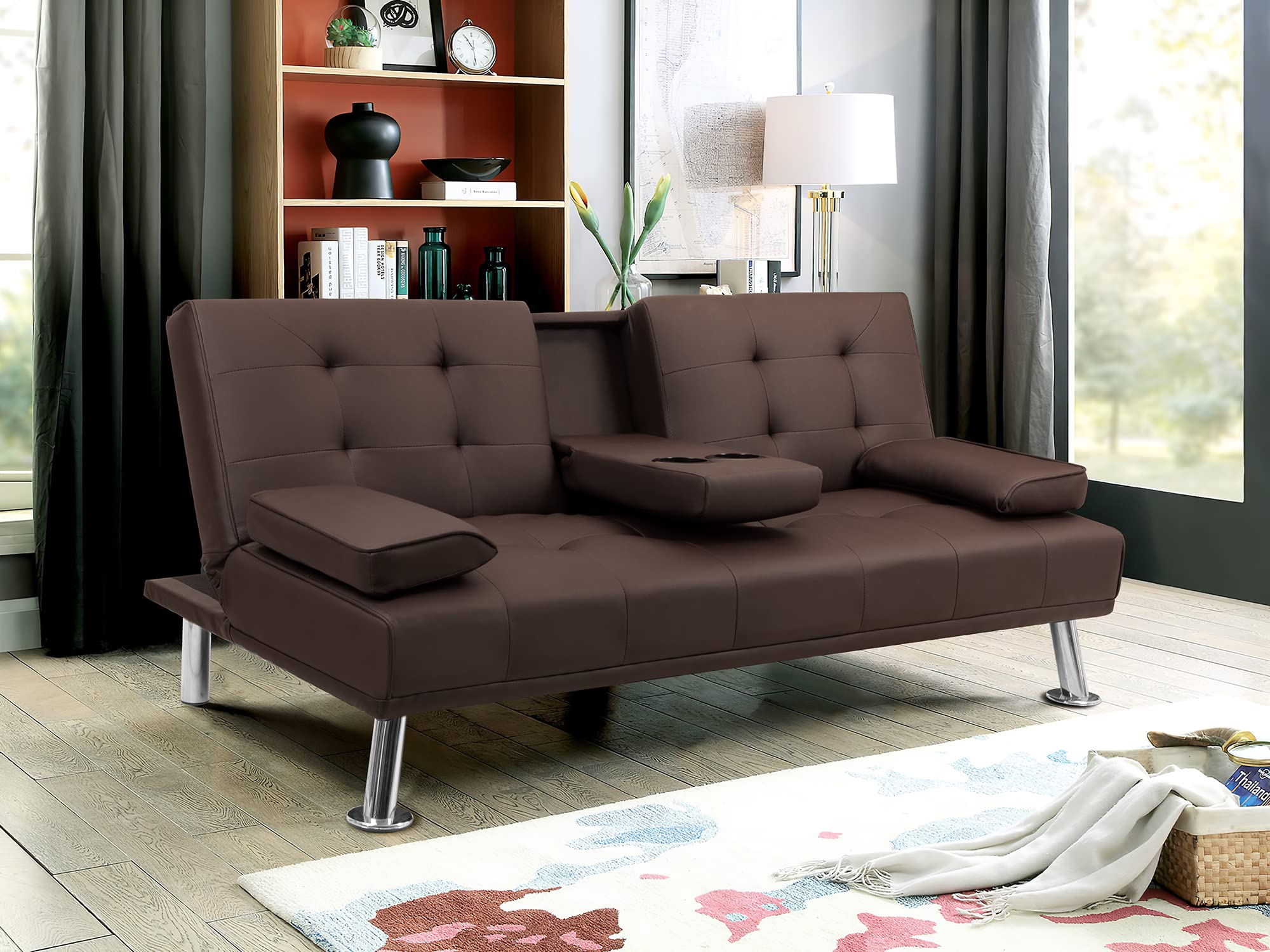 YESHOMY Futon Sofa Bed, Modern Faux Leather Convertible Folding Lounge Couch for Living Room with 2 Cup Holders Removable Soft Armrest and Sturdy Metal Legs, Black