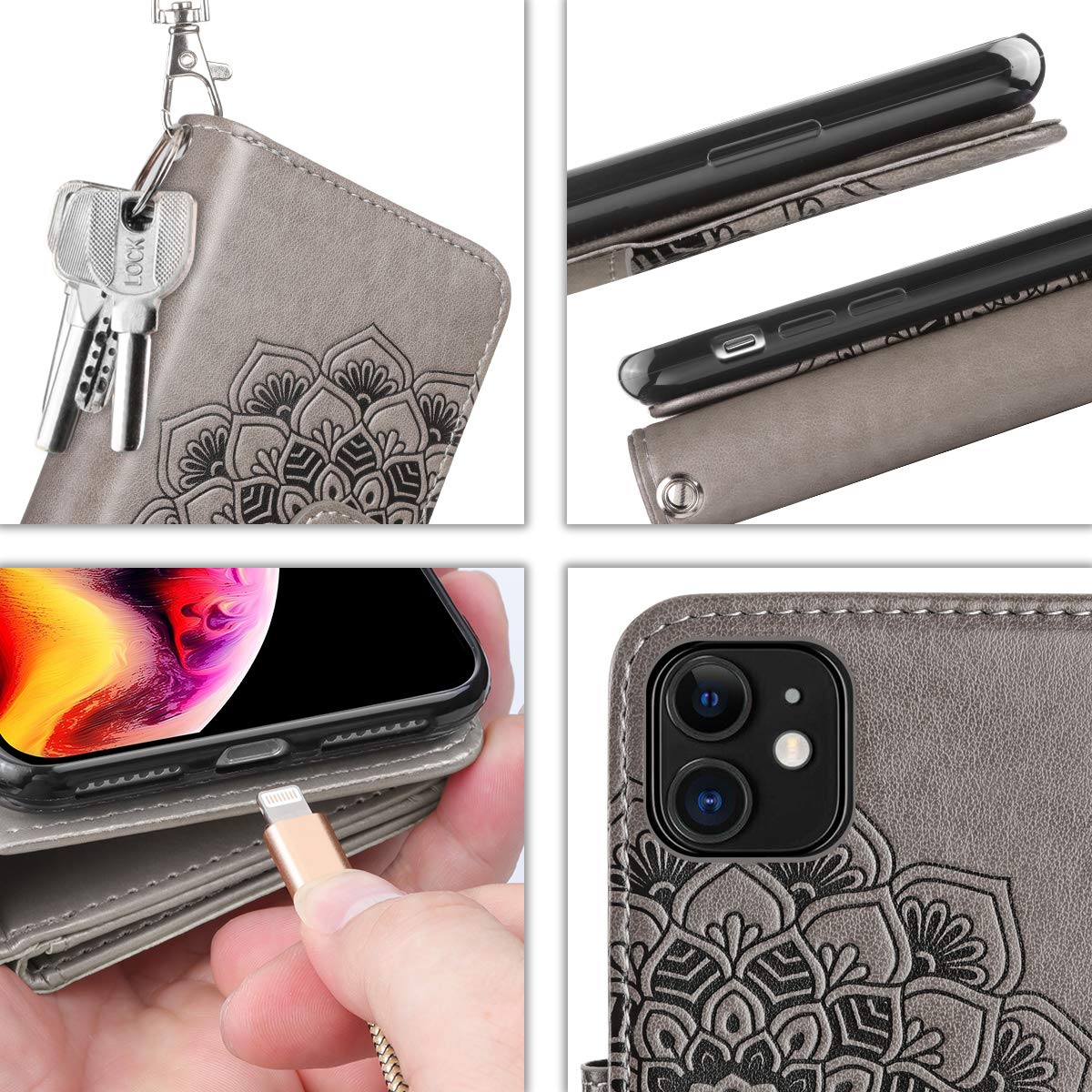 Vofolen 2-in-1 Case for iPhone 11 Case Wallet Credit Card Holder ID Slot Detachable Hybrid Protective Slim Hard Shell Magnetic PU Leather Folio Pocket Flip Cover for iPhone 11 6.1 inch Mandala Grey