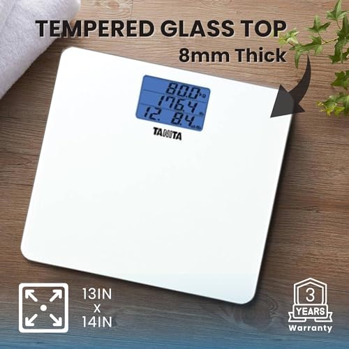Tanita HD-384 Digital Weight Scale - 440 lbs Capacity Japan Technology Multi-Unit Display LBS, KG, Stone - Step On to Activate Bathroom Scale - with Blue Backlit LCD Display & Tempered Glass (White)