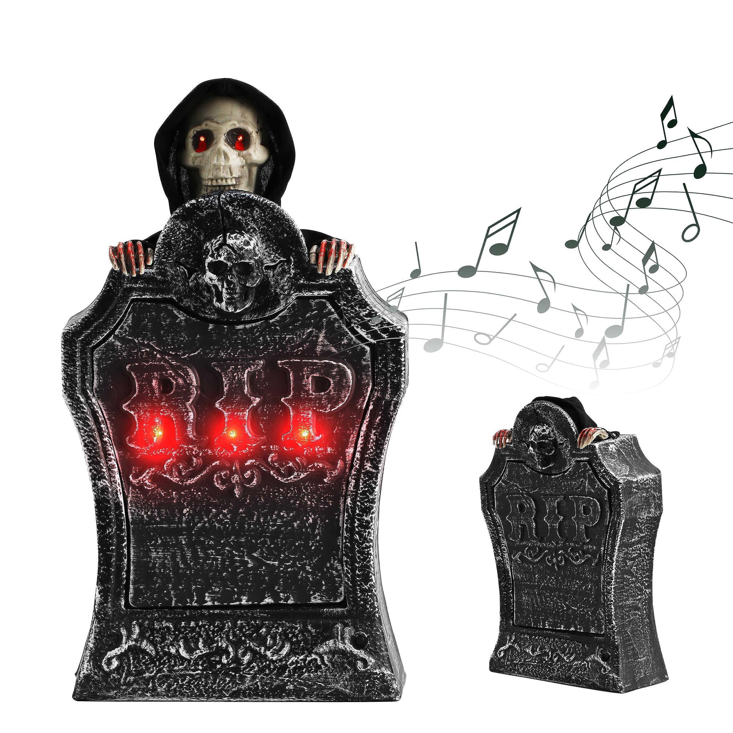 Spooky Sound-Activated Halloween Outdoor Decoration, Animated Tombstone with Lifting Ghost and Vocal Lights