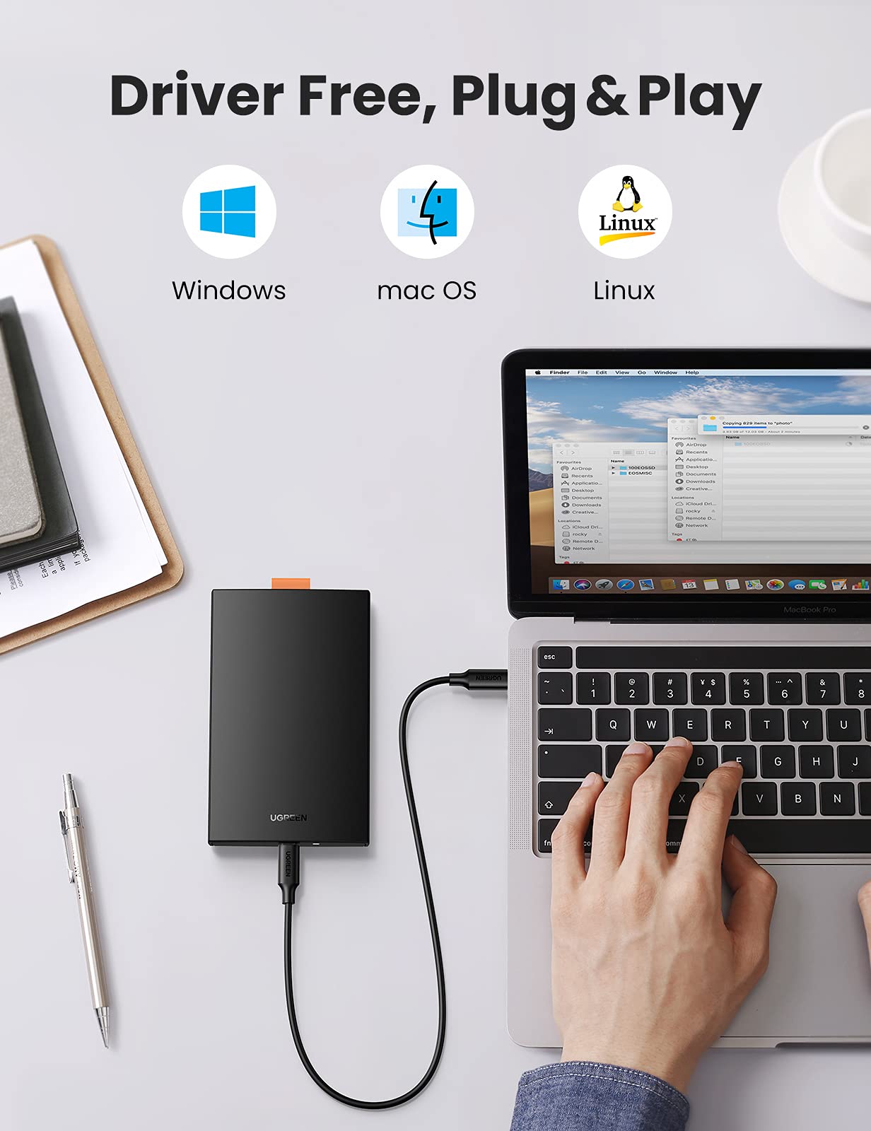 UGREEN USB C Hard Drive Enclosure USB C 3.1 Gen 2 to SATA Adapter for 2.5" SATA SSD HDD 6Gbps High-Speed Support UASP SATA III Compatible with MacBook Pro Air WD Seagate Toshiba Samsung Hitachi