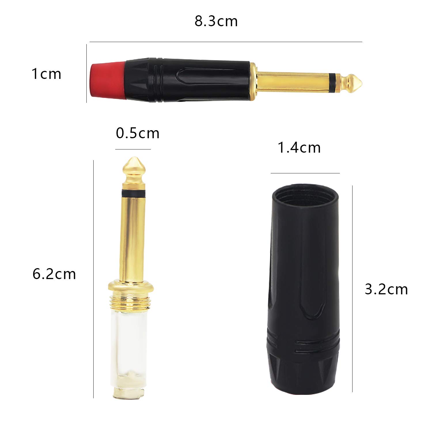 XMSJSIY 1/4" Audio Plug, 6.35 Mono Male Connector, Gold-Plated TS Plug for Guitar/Speaker/Microphone Cable etc (4 Pack)