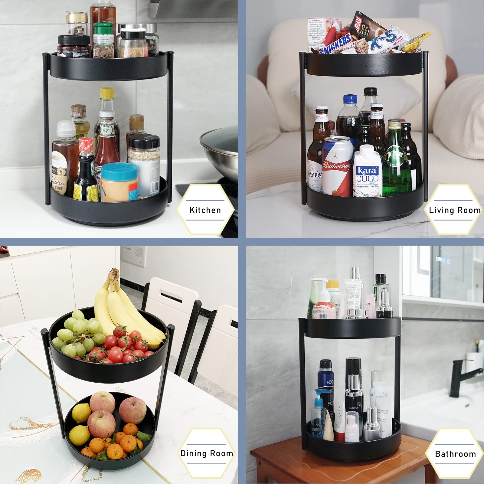 XNTONG 2-Tier 360° Lazy Susan Organizer, 10 inch Metal Steel Rotating Spice Rack, Turntable Organizer for Cabinet, Pantry, Bathroom, Countertop