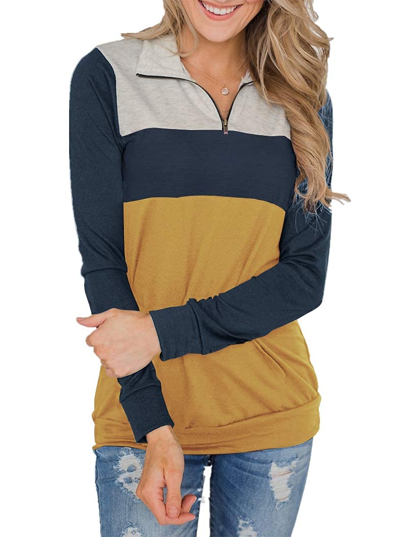 Uincloset Women's Casual Triple Color Block Long Sleeve 1/4 Zip Pullover Loose Lightweight Tops Sweatshirts with Pocket