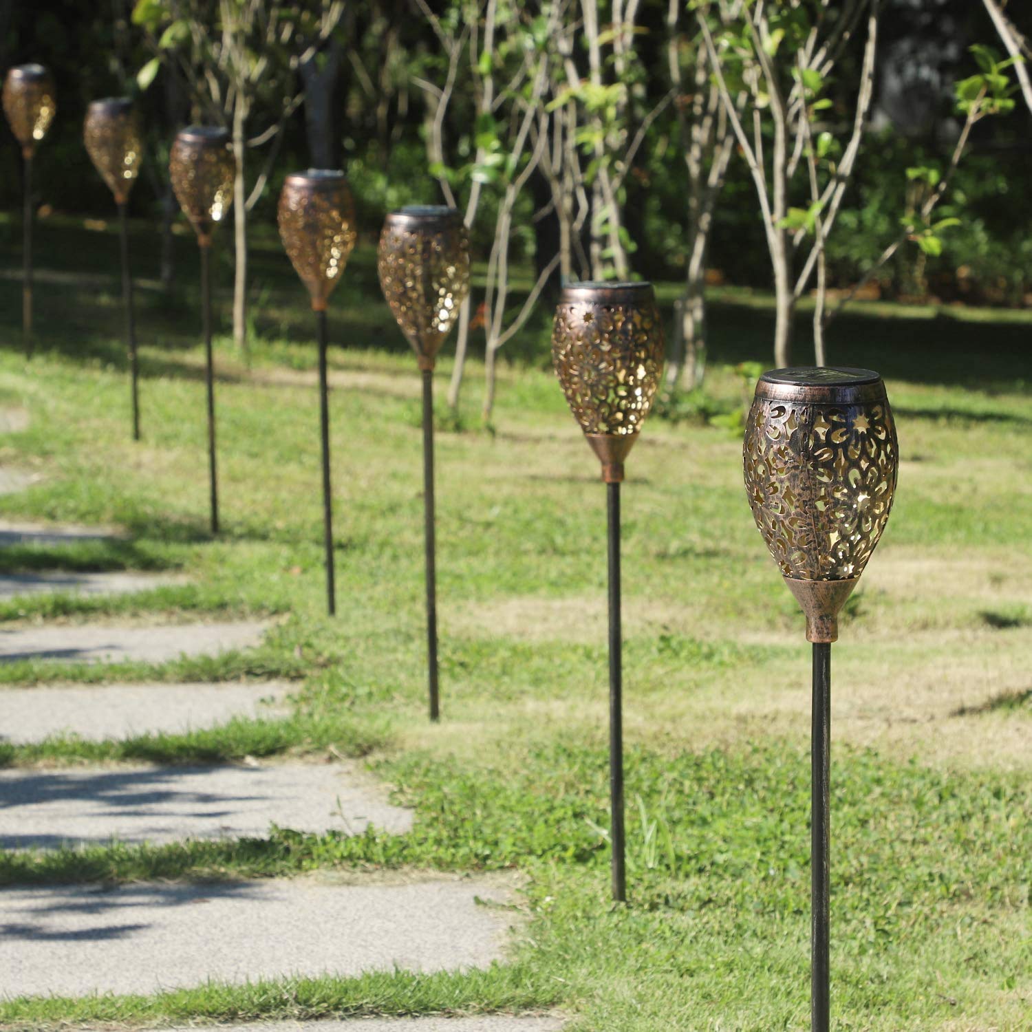 Ulmisfee Garden Solar Lights Pathway Outdoor Solar Lantern Stakes Lights Waterproof Warm White LED Decorative Metal Lamp for Christmas, Yard, Lawn, Patio, Courtyard (2 Pack Solar Pathway Lights)