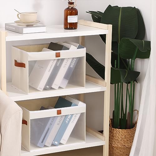 YheenLf Foldable Closet Storage Bins 3-Pack,Fabric Box with Transparent Windows and Handles,Storage Baskets Used for Organizing Clothes( Beige,12.6x12.6x9in)