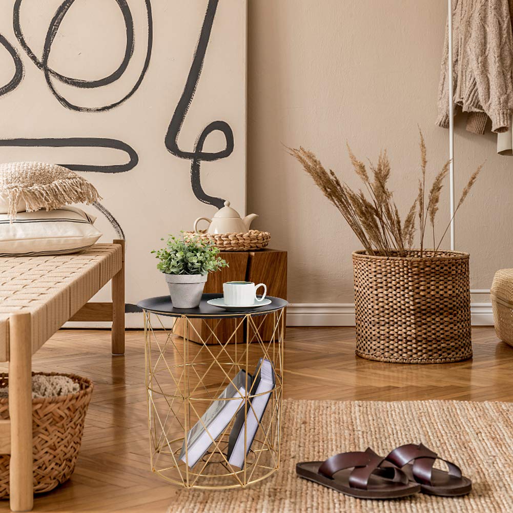 Tiita Laundry Basket Coffee Table Storage Basket Gold Modern Side Table Small Metal End Table with Lifting Plate…