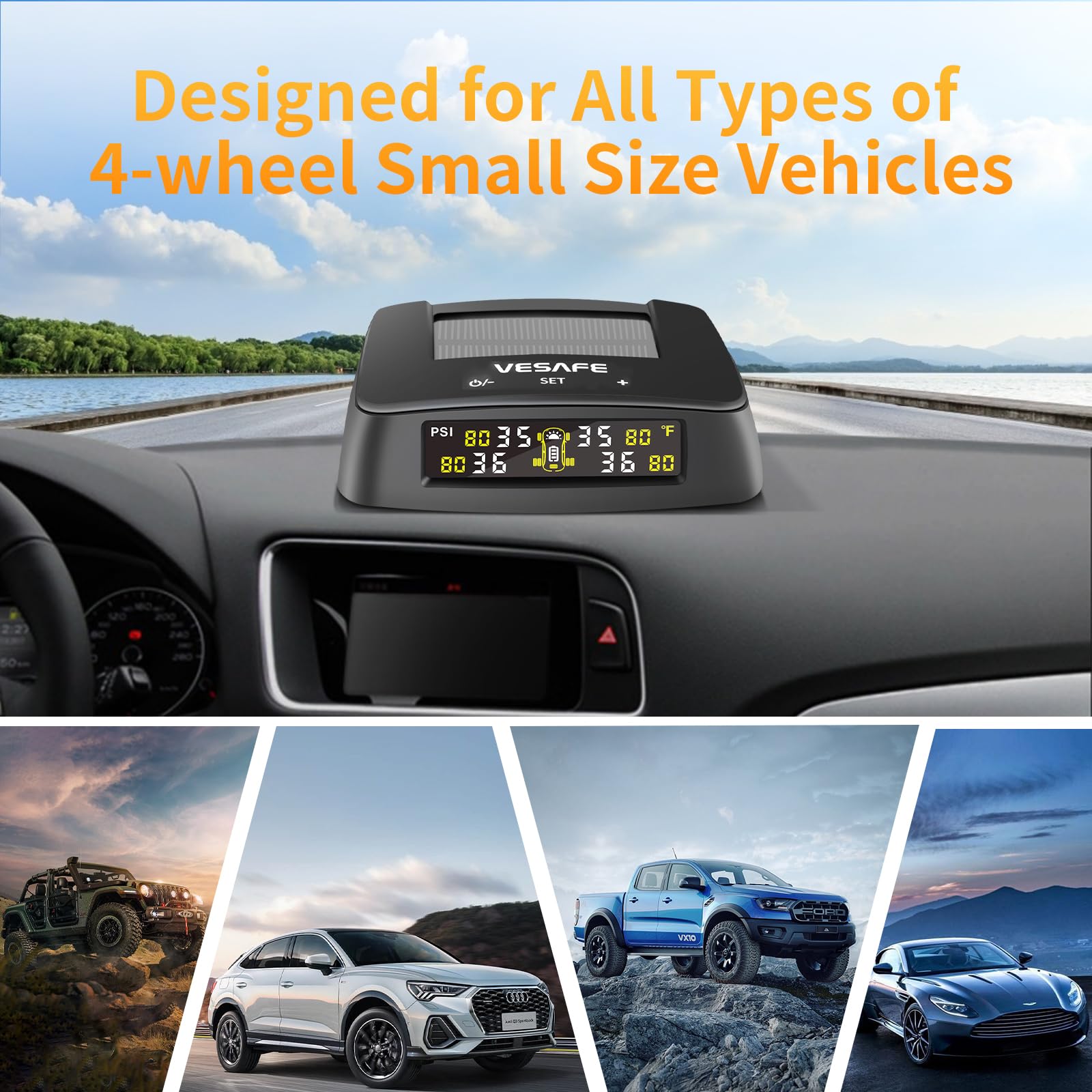 VESAFE Wireless tire Pressure Monitoring System, TPMS, with Solar Charger, Different high/Low Pressure Limits for Two axles, auto Sleep Mode, only Work with Cars, not Work with Camping Vehicles