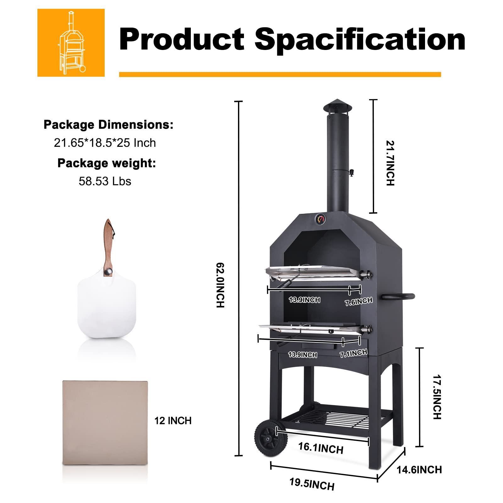 Vonzoy Wood Fired Outdoor Pizza Oven with Waterproof Cover, Pizza Stone and Peel, Wood Burning Pizza Oven with 2 Wheels for Outside