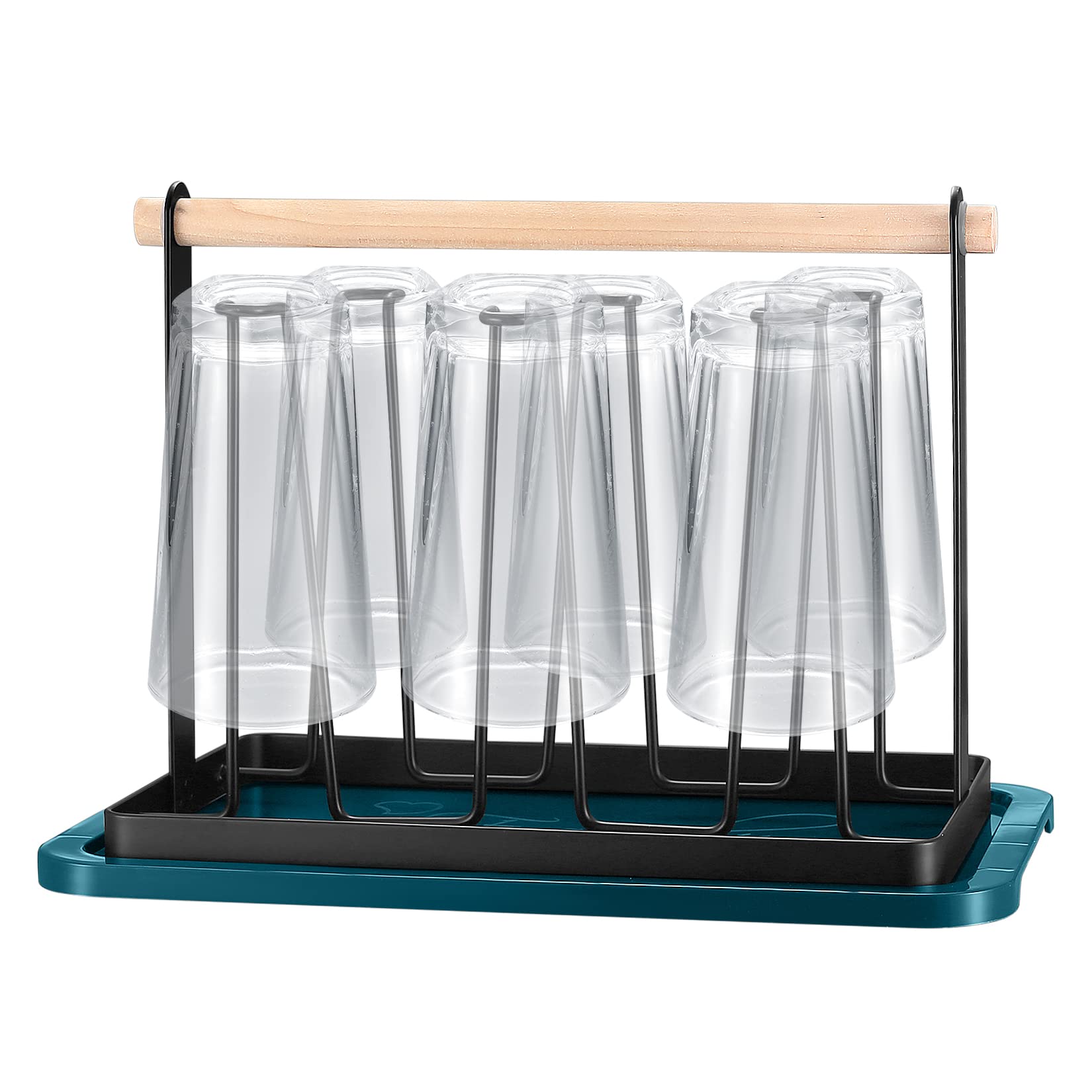 wugongshan Water Bottle Drying Rack, Cup Drying Rack, Coffee Mugs Wine Glass Drying Rack, Tumbler Bottle Drying Drainer Stand with Wood Handle & Removable Draining Tray for Kitchen Countertop