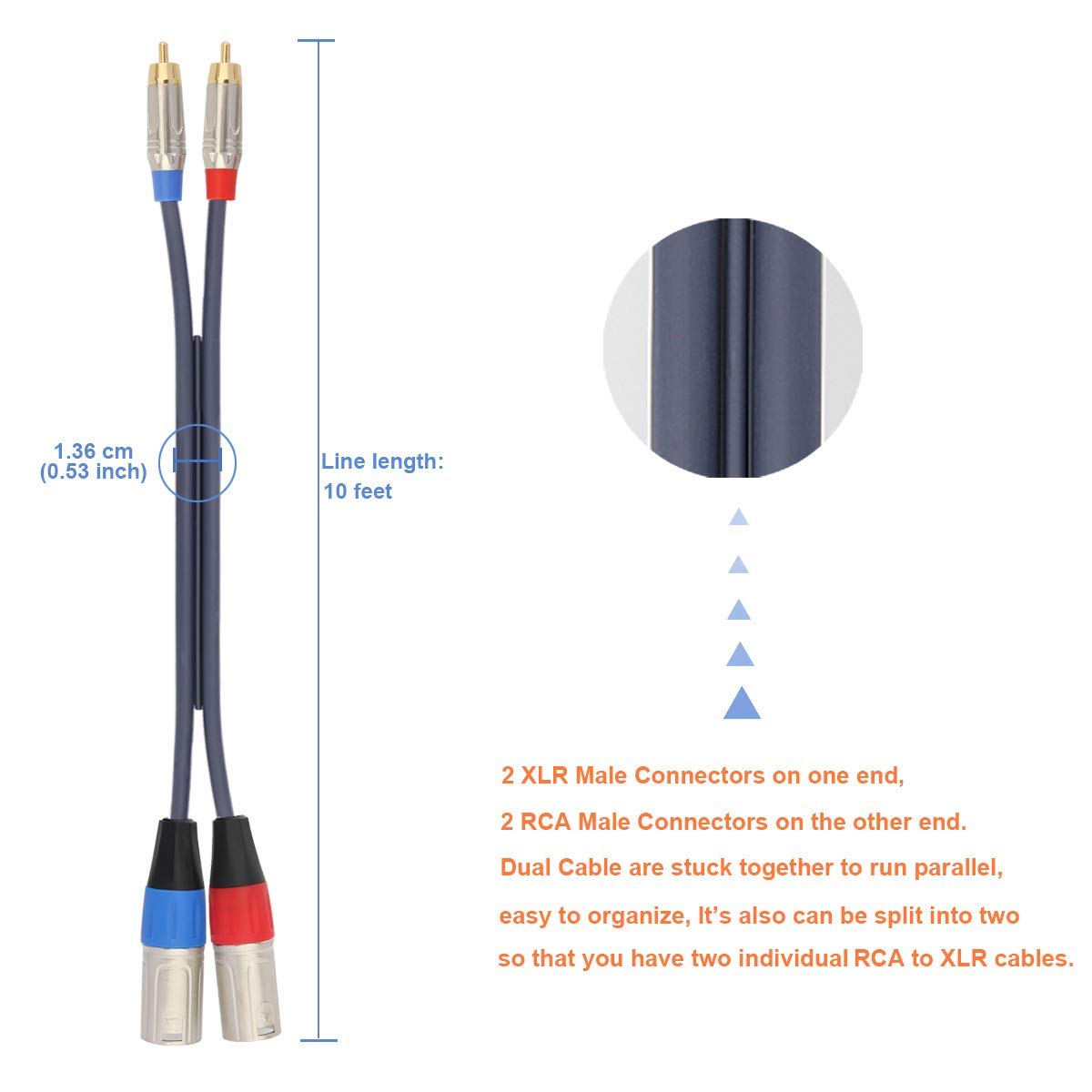 tisino Dual RCA to XLR Cable, 2 RCA to 2 XLR Male HiFi Stereo Audio Connection Microphone Cable Wire Cord Path Cable - 3.3 Feet