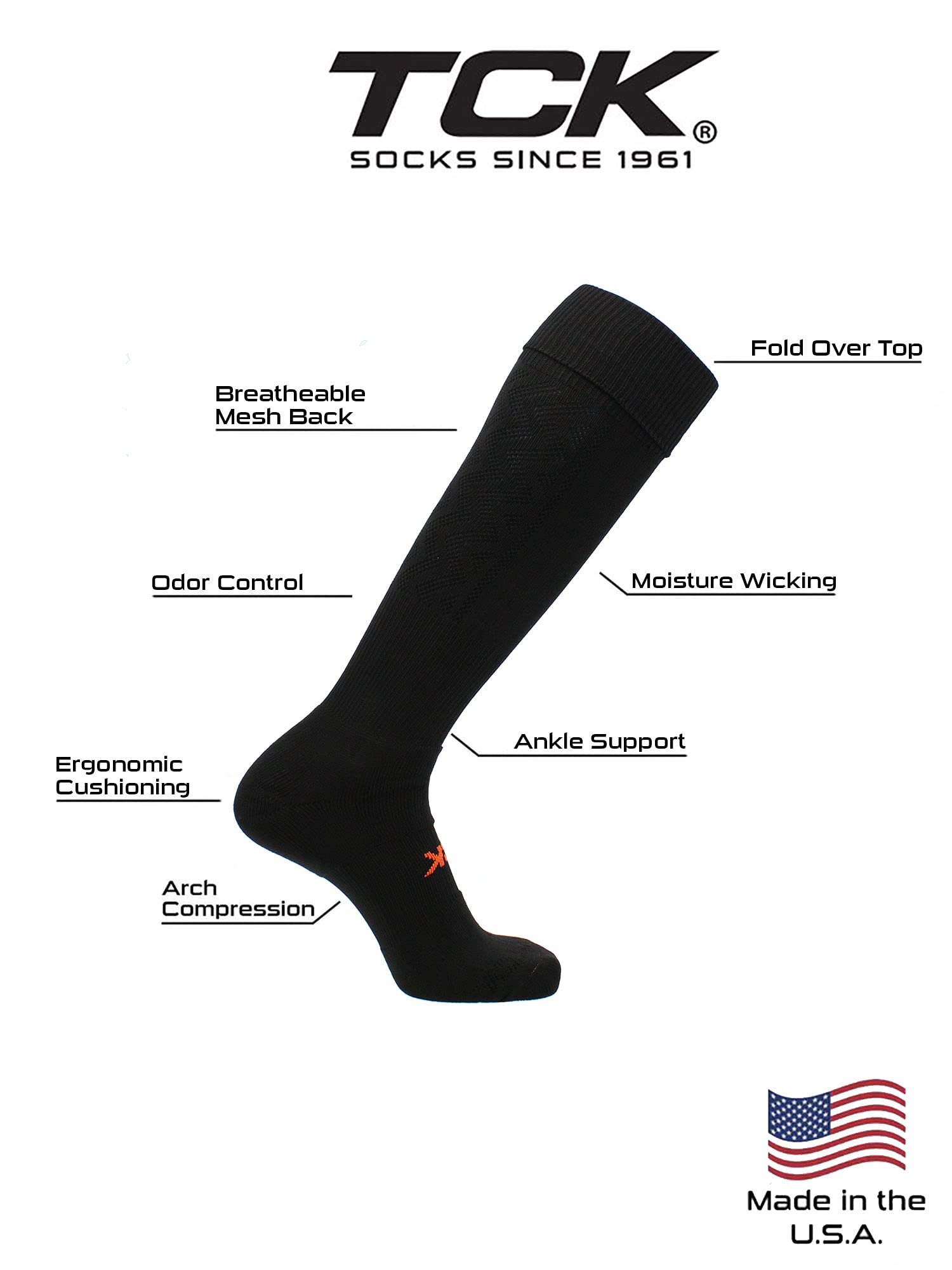 TCK Soccer Socks Premier Breathable Fold Down (Black, Large)