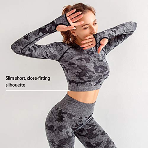 Yoga Workout Set High Waist Athletic Seamless Leggings Long Sleeve 2 Pieces Set (Camouflage Black, L)