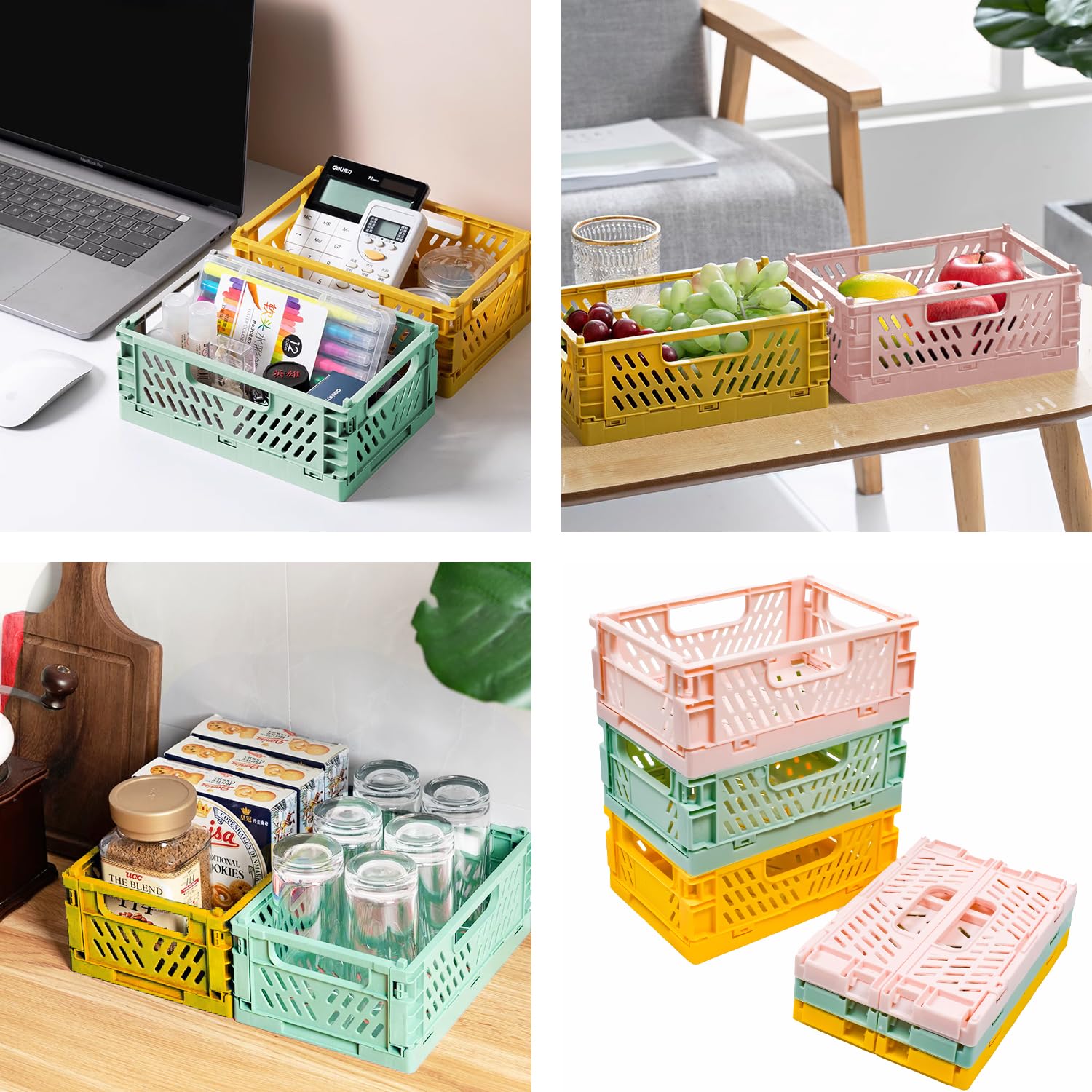 VIEKIER 6 Pack Pastel Storage Crates Mini Plastic Baskets Crates Small Baskets Durable Reliable Folding Storage Crate for Home (5.9"x4"x2.28")