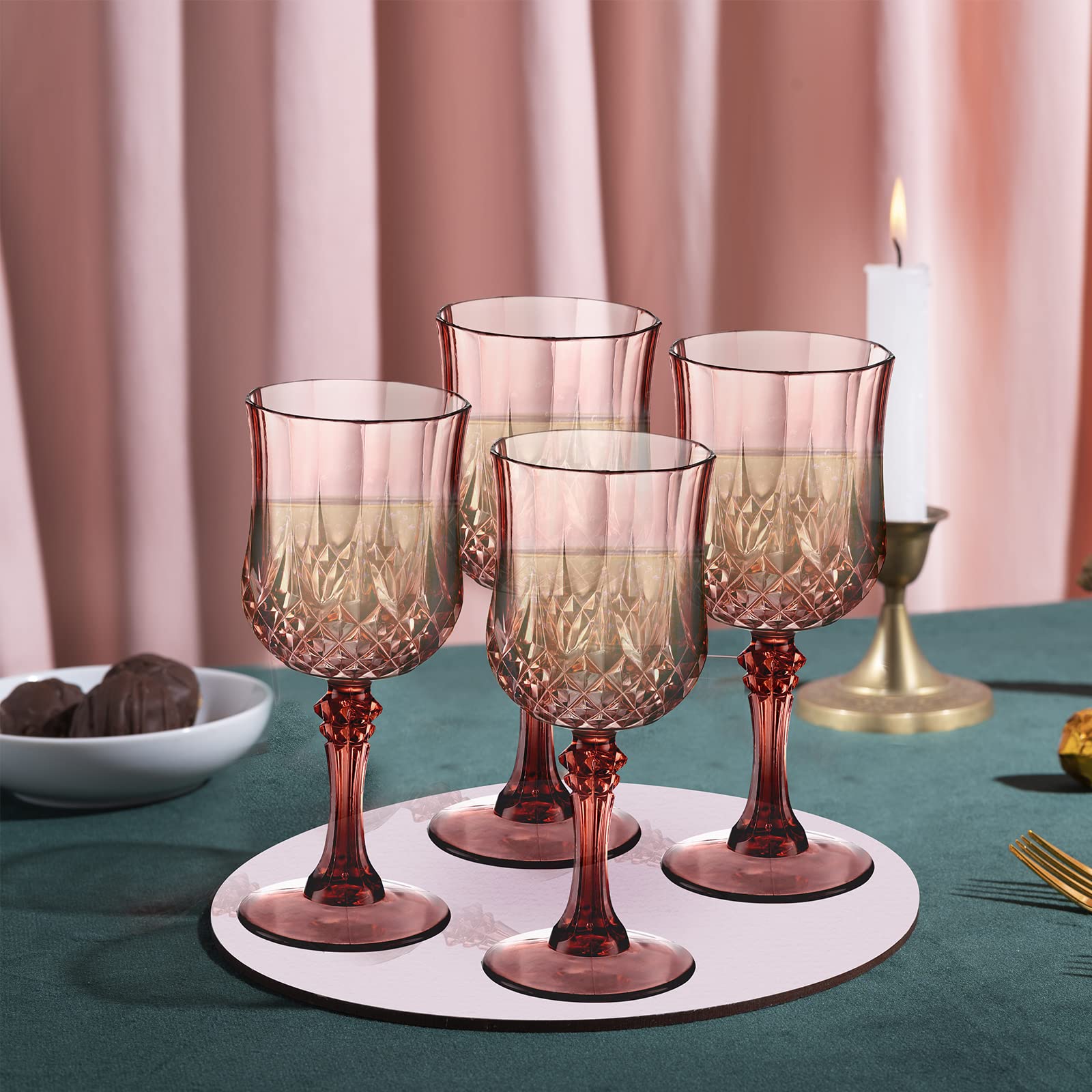 XUWAIDSGN 7oz Plastic Vintage Rose Gold Drinking Glasses Pink Wine Glasses Unbreakable Wedding Glassware Crystal Water Goblets Reusable Drinkware Vintage Champagne Flutes (16, Rose Gold)