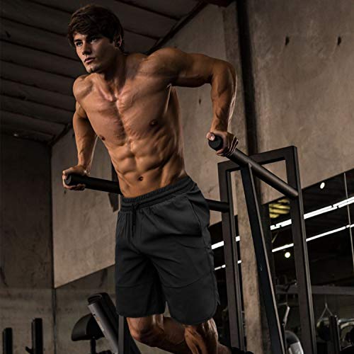 TEZO Mens 7" Gym Workout Shorts Training Bodybuilding Short Pants Zipper Pockets(NYBK L)