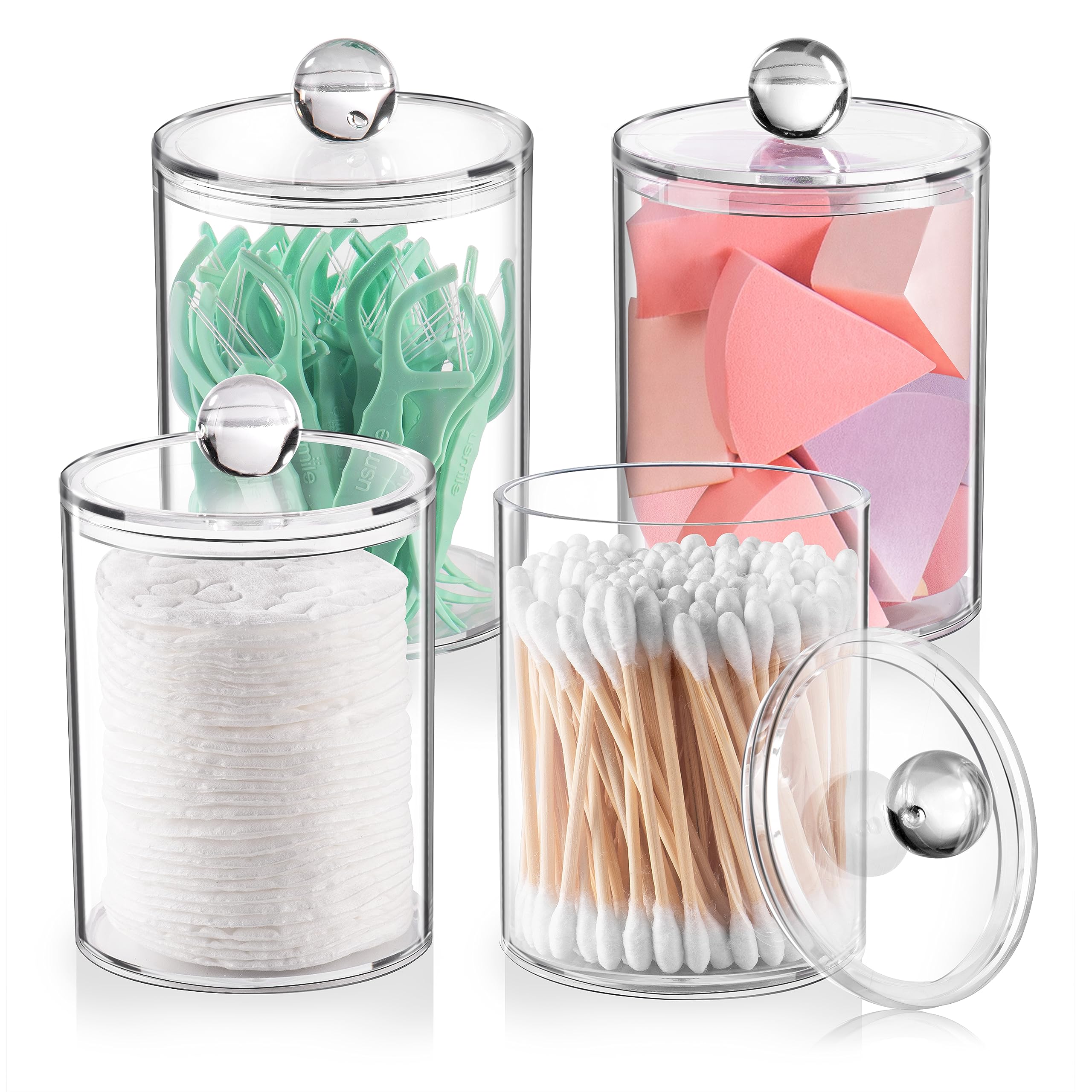 XIPENGKEJI 4 Pack Qtip Holder, Apothecary Jars Cotton Ball Holder Dispenser, Bathroom Jars with Lids Set for Cotton Round, Cotton Swab, 10oz Plastic Canisters Restroom Bedroom Vanity Organizer (Clear)