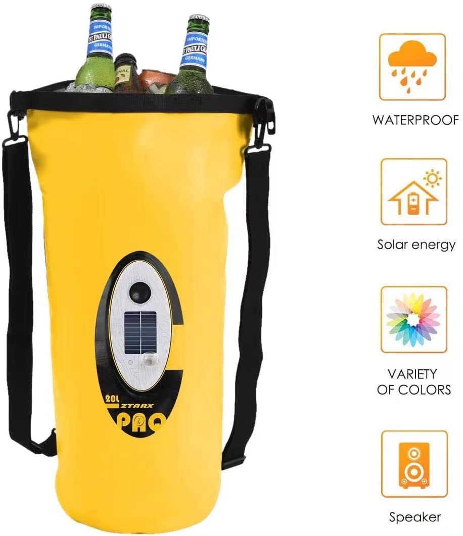 ztarx Waterproof Dry Bag Speaker, Dry Bag Backpack with Bluetooth Speaker Solar Powered and USB Powered 20L Roll Top Dry Sack Keeps Gear Dry for Kayaking, Rafting, Boating,Camping (Yellow-2.1)
