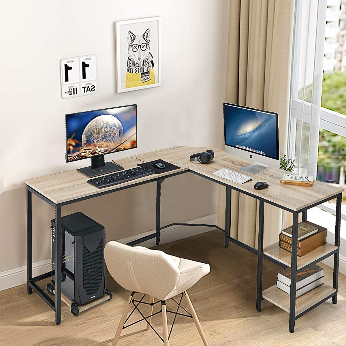 YOLENY L-Shaped Computer Desk 59.1“, Space-Saving Corner Desk with Storage Shelves, Home Office Desk Study Workstation for Home, Office