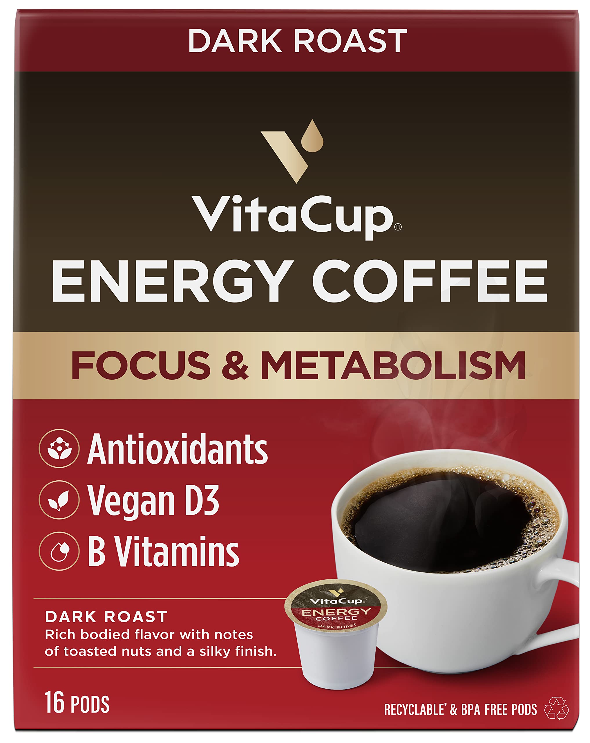 VitaCup Lightning Coffee Pods, Enhance Memory & Focus w/ 2X Caffeine,16CT | Energy Dark Roast Coffee Pods, Boost Focus & Metabolism, Antioxidants, B Vitamins, Bold & Smooth 16CT