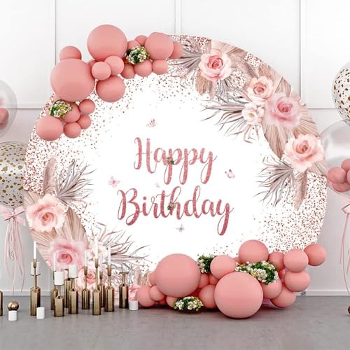 YongFoto 7x7ft Floral Happy Birthday Round Backdrop Cover Glitter Spring Pink Flowers Girl Birthday Party Circle Photography Background Cake Table Decor Kids Adults Photo Studio Props