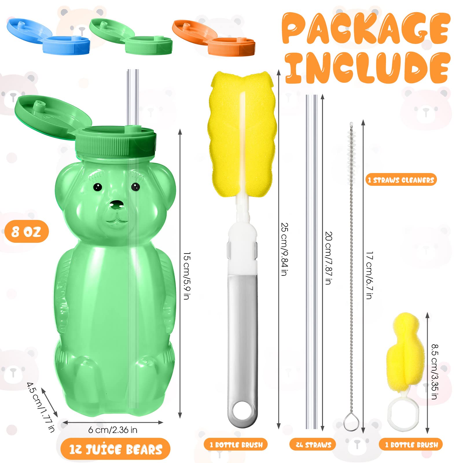 Zubebe 12 Pack Honey Bear Straw Cups Bulk with 24 Flexible Straws and Cleaning Tools, 8 Oz Therapy Sippy Bottles for Speech and Feeding Training Daily Drinking Supplies (Green, Orange, Blue)