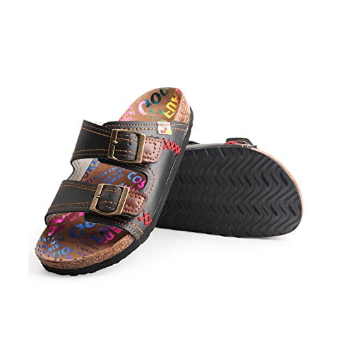 TMA EYES Summer Beach Indoor and Outdoor Anti-skidding Flat Sandals with Two Adjustable Straps(Black,9)