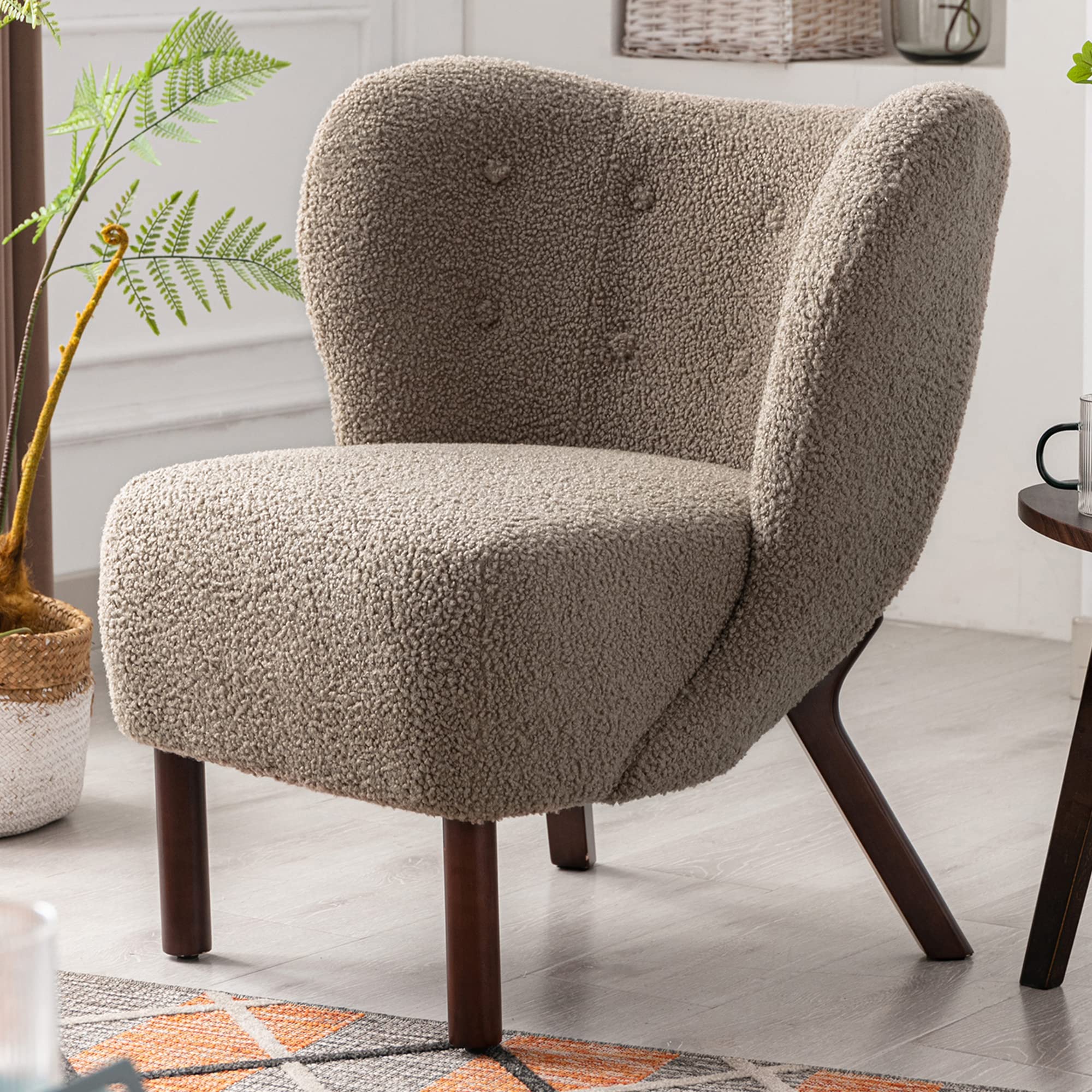 ViolaDresses Modern Accent Chair Lambskin Sherpa Wingback Tufted Side Chair with Solid Wood Legs for Living Room Bedroom,Light Brown