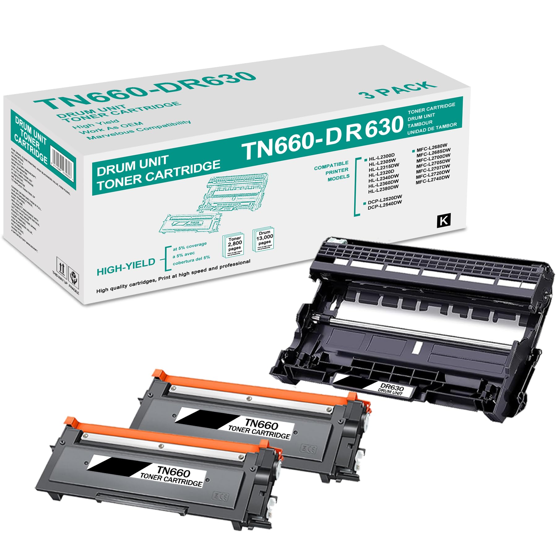 TN660 Toner & DR630 Drum: Compatible TN-660 Toner & DR-630 Drum Replacement for Brother HL-L2380DW HL-L2300D HL-L2340DW MFC-L2740DW MFC-L2700DW MFC-L2720DW DCP-L2540DW Printer(Black, 3 Pack)