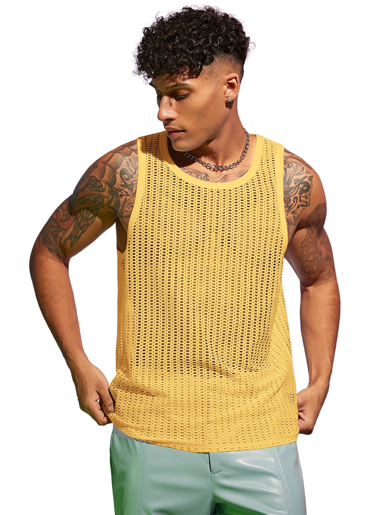 WDIRARA Men's Sequin Sleeveless Round Neck Tank Top T Shirt Party Top Solid Yellow M