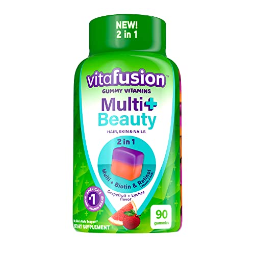 Vitafusion Multivitamin Plus Beauty β 2-in-1 Benefits β Adult Gummy with Hair, Skin & Nails Support (Biotin & Retinol β Vitamin A RAE) Daily, 90 Count