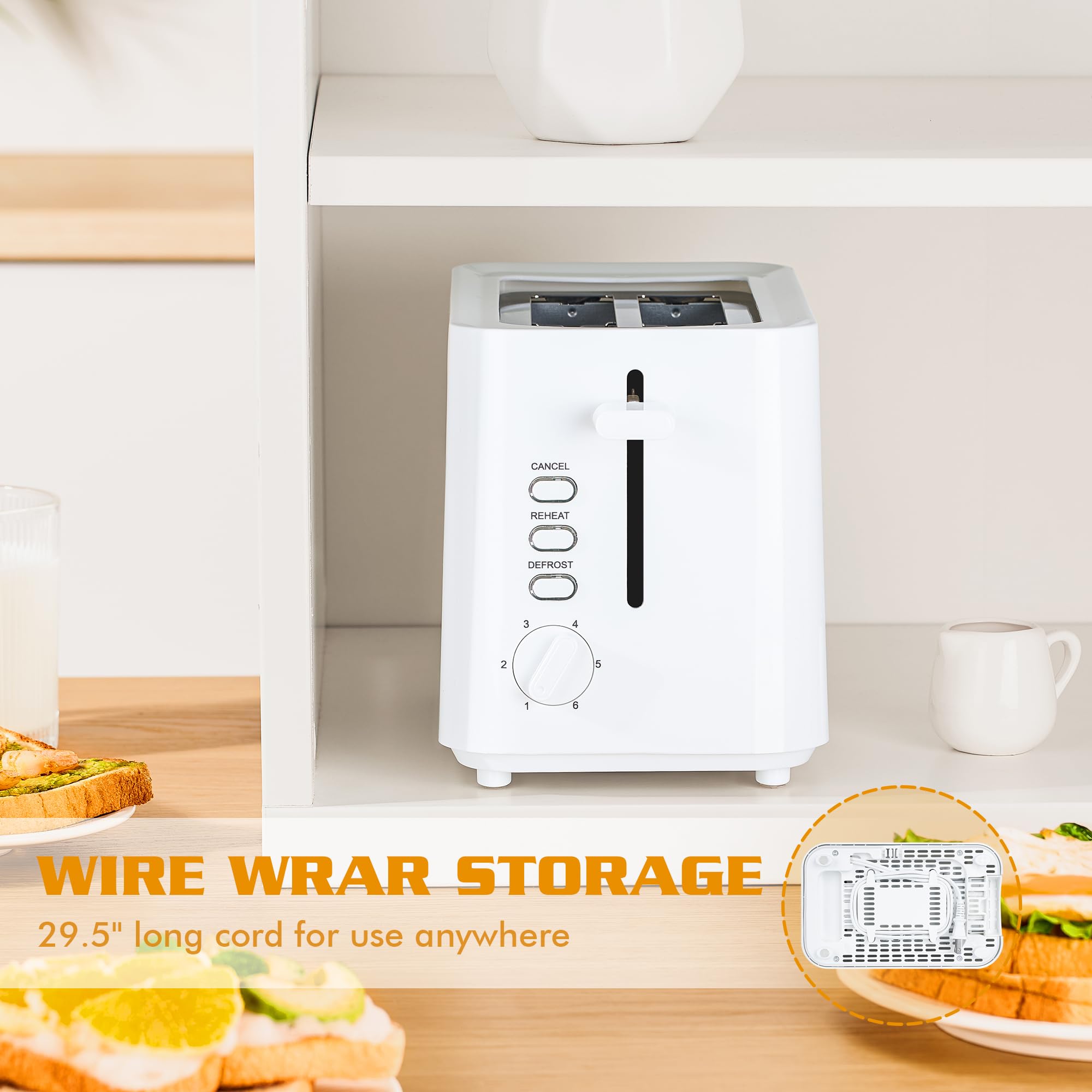 Toaster 2 Slice, NIKLEMON Small Compact Plastic Toaster with 6 Browning Levels and Defrost, Reheat and Cancel 3 Functions, Removable Crumb Tray, Under Base Cord Storage, White