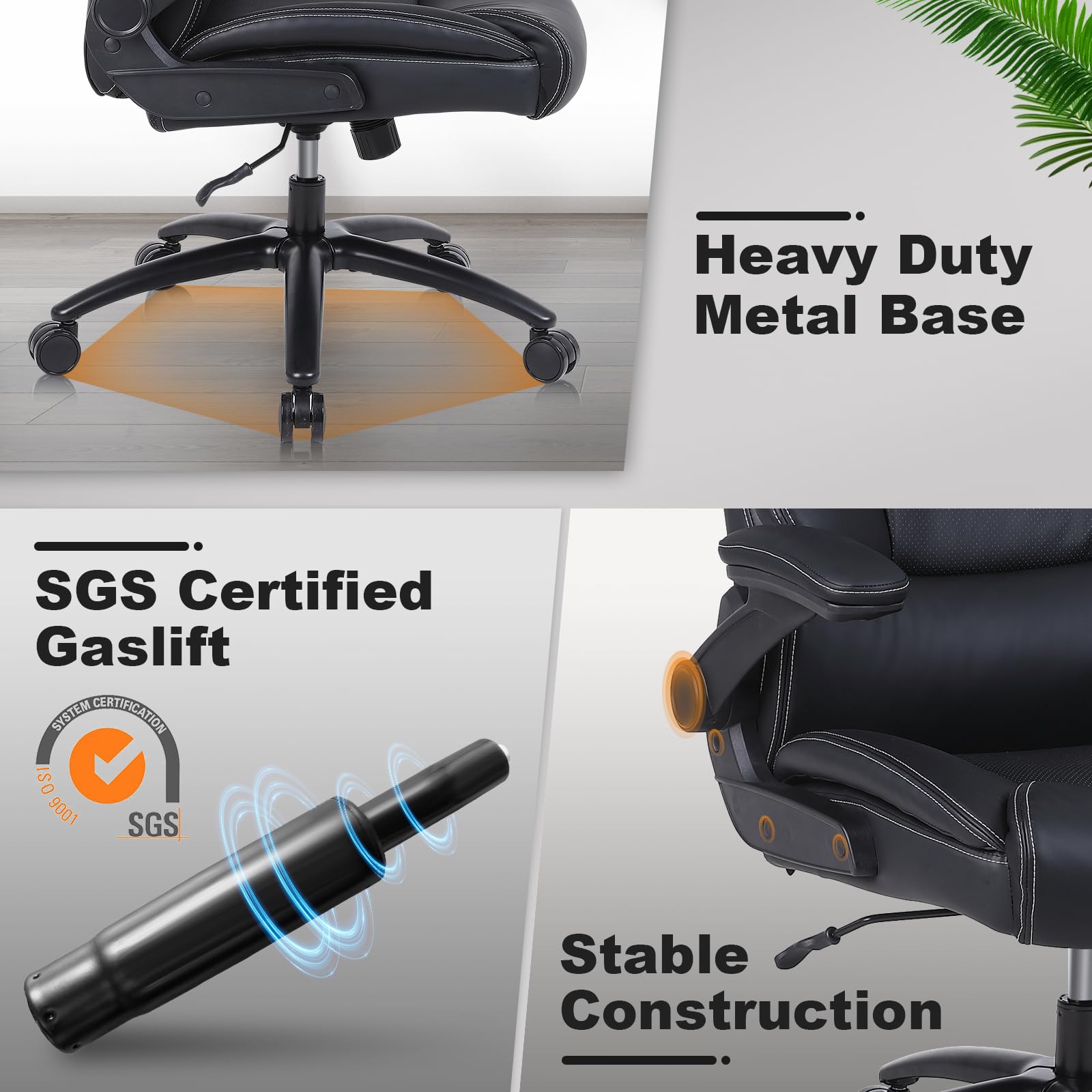 Youhauchair Big and Tall Office Chair, 500LBS Executive Desk Chair with Lumbar Support, PU Leather Ergonomic Computer Chair with Flip-up Armrests, High Back Work Chair, Black