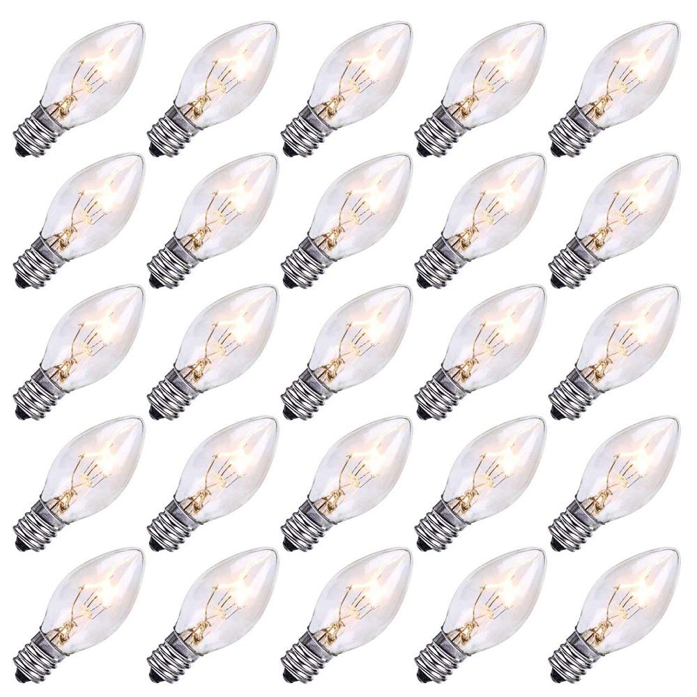 SUNSGNE 25 Pack C7 Clear Replacement Bulbs Christmas Light Bulbs, Outdoor Patio String Light Bulbs, C7 Night Light Replacement Bulbs, E12/C7 Candelabra Base, 5 Watt- Clear