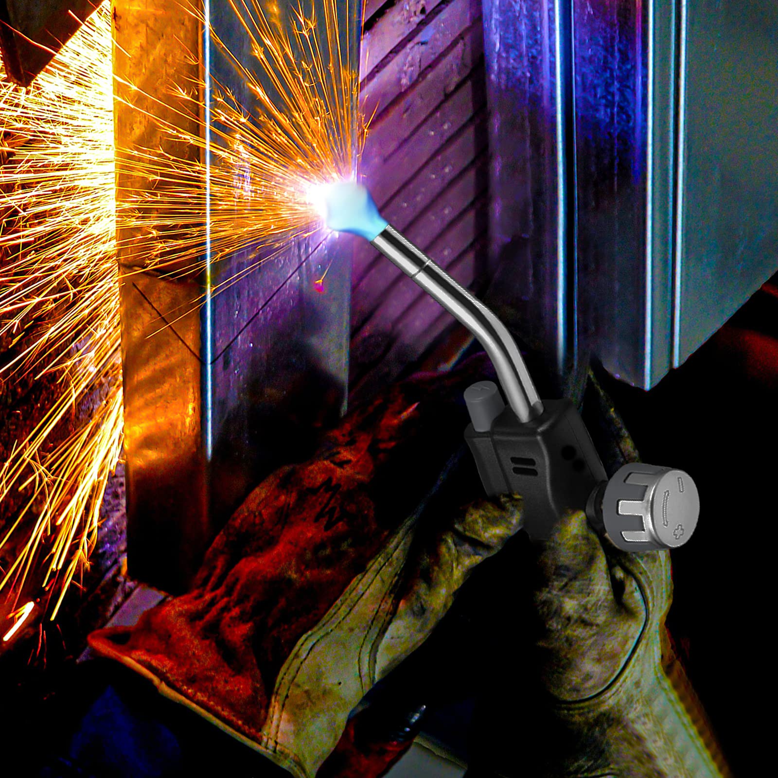 YOUDO Heavy-Duty Trigger-Start Propane Torch Powered Blow Torch Head with Easy Push Ignition, Adjustable Flame & Short-Neck Burner Tube (Keep tilt within 60 degrees and use upwards)