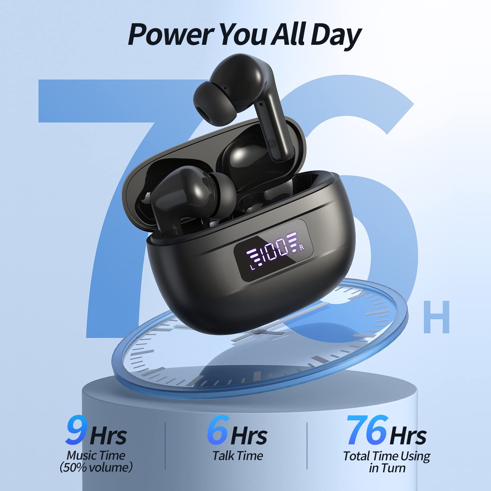 Wireless Earbuds Bluetooth Earbuds 76H Playtime Ear Buds Noise Cancellation Clear Calls Bluetooth Headphones Power Display Charging Case Light Weight IPX7 Waterproof Earphones for Sports Workout