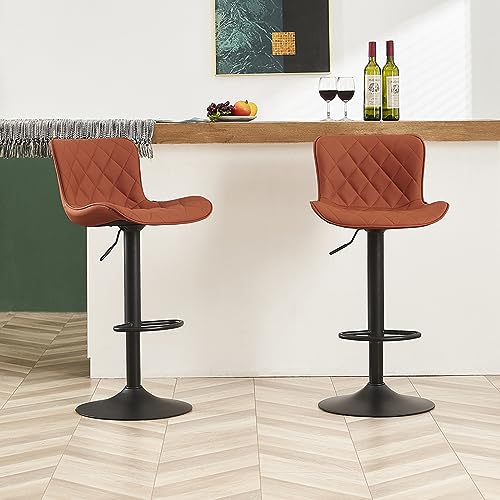 YOUNUOKE Bar Stools Set of 2 with Back Modern Faux Leather Swivel Counter Height Barstools Adjustable Tall Bar Stool Chairs for Kitchen Islands, Ochre Red