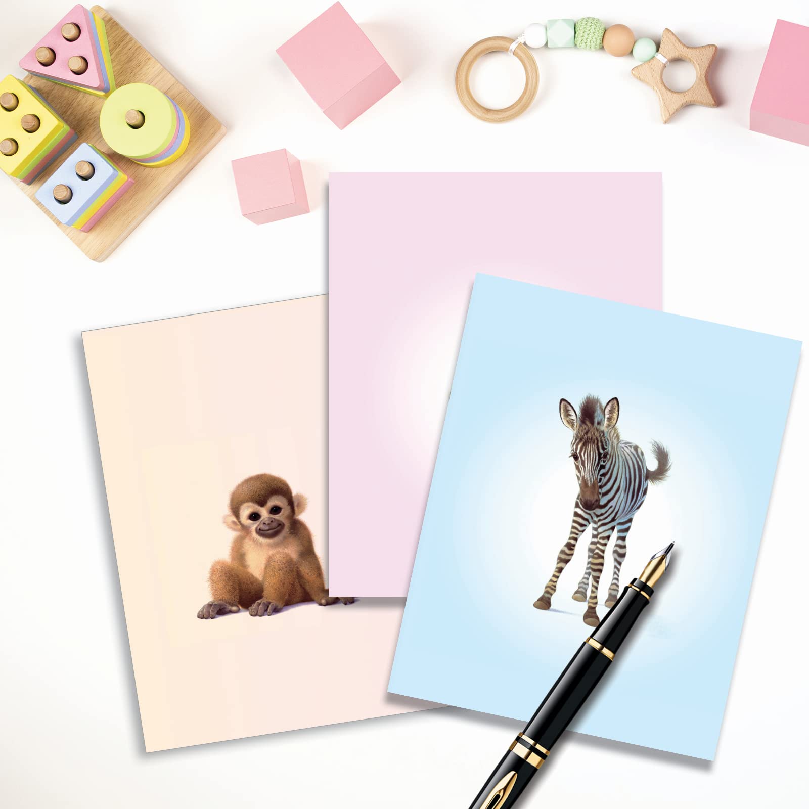 The Best Card Company 20 Assorted Baby Notecards Box Set 4 x 5.12 Inch with Envelopes (10 Designs, 2 Each) Zoo Babies AM6726BBG-B2x10