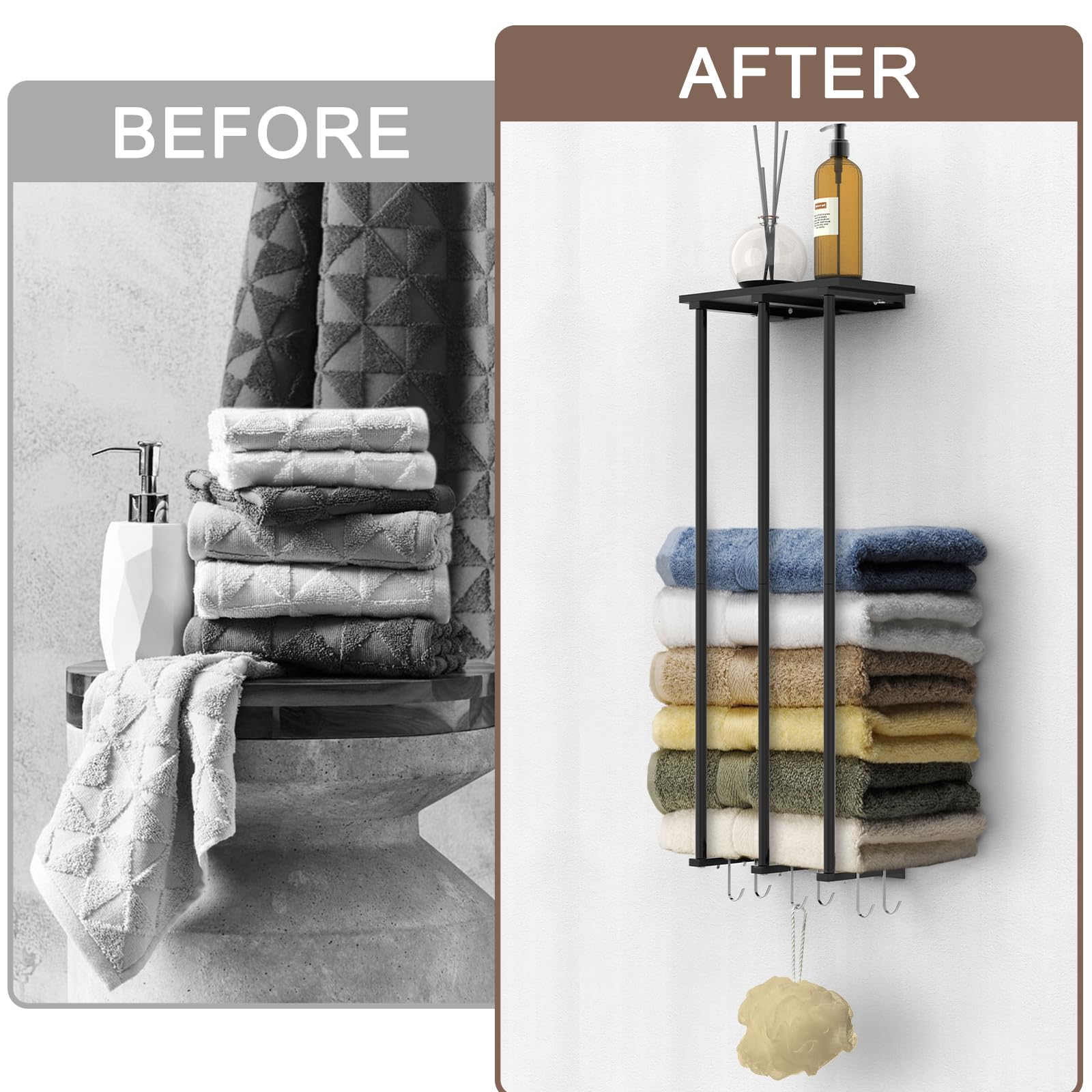 Towel Racks for Bathroom Wall Mounted, MOOACE 3 Bar Adhesive Rolled Towel Storage Holders with Wood Top and 6 Hooks,Metal Bathroom Organizer for Folded Large Towel - Black