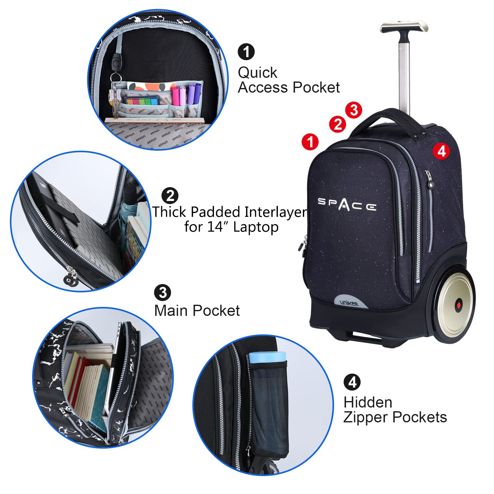 UNIKER Rolling Laptop Bag for 14 Inch Laptop,19 Inch Roller Bookbag for Girl Boy,Wheeled Computer Bag,Briefcase on Wheels,Trolley School Bag Space,Schoolbag with Wheels