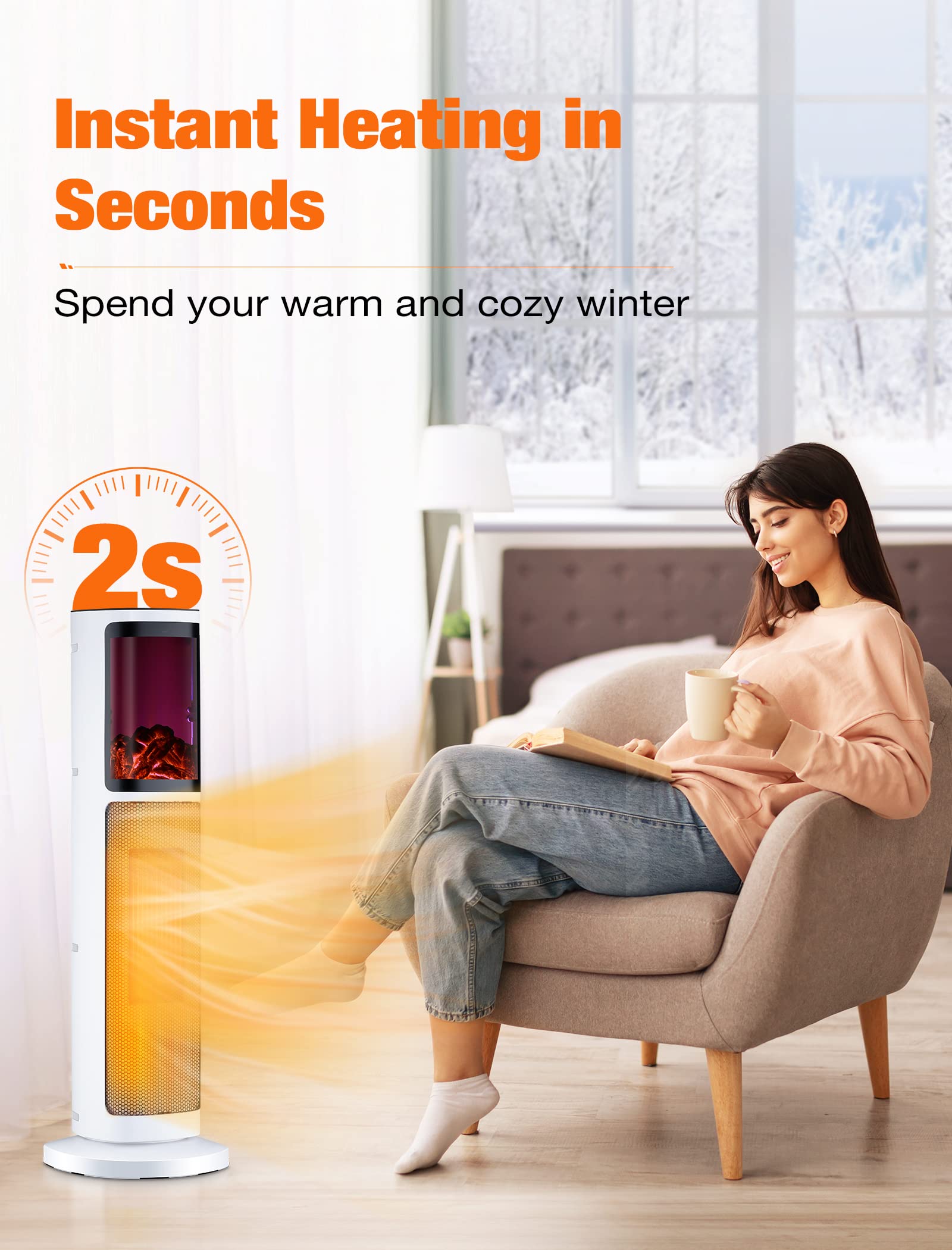 Tower Space Heater for Room, Indoor Electric Space Heater, 3 Modes & Thermostat, 90° Oscillation, 12H Timer, Remote, Overheat & Tip-Over Protection, 3D Flame, Space Heater for Office/Home/Indoor