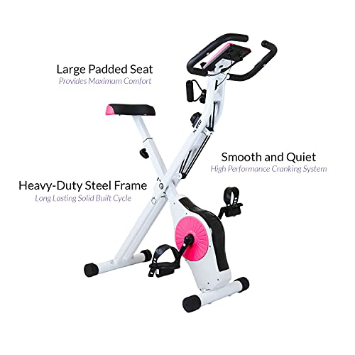 Xspec Indoor Foldable Stationary Upright Exercise Cardio Workout Cycling Bike with 16 Level Resistance & Arm Resistance Bands, Magenta