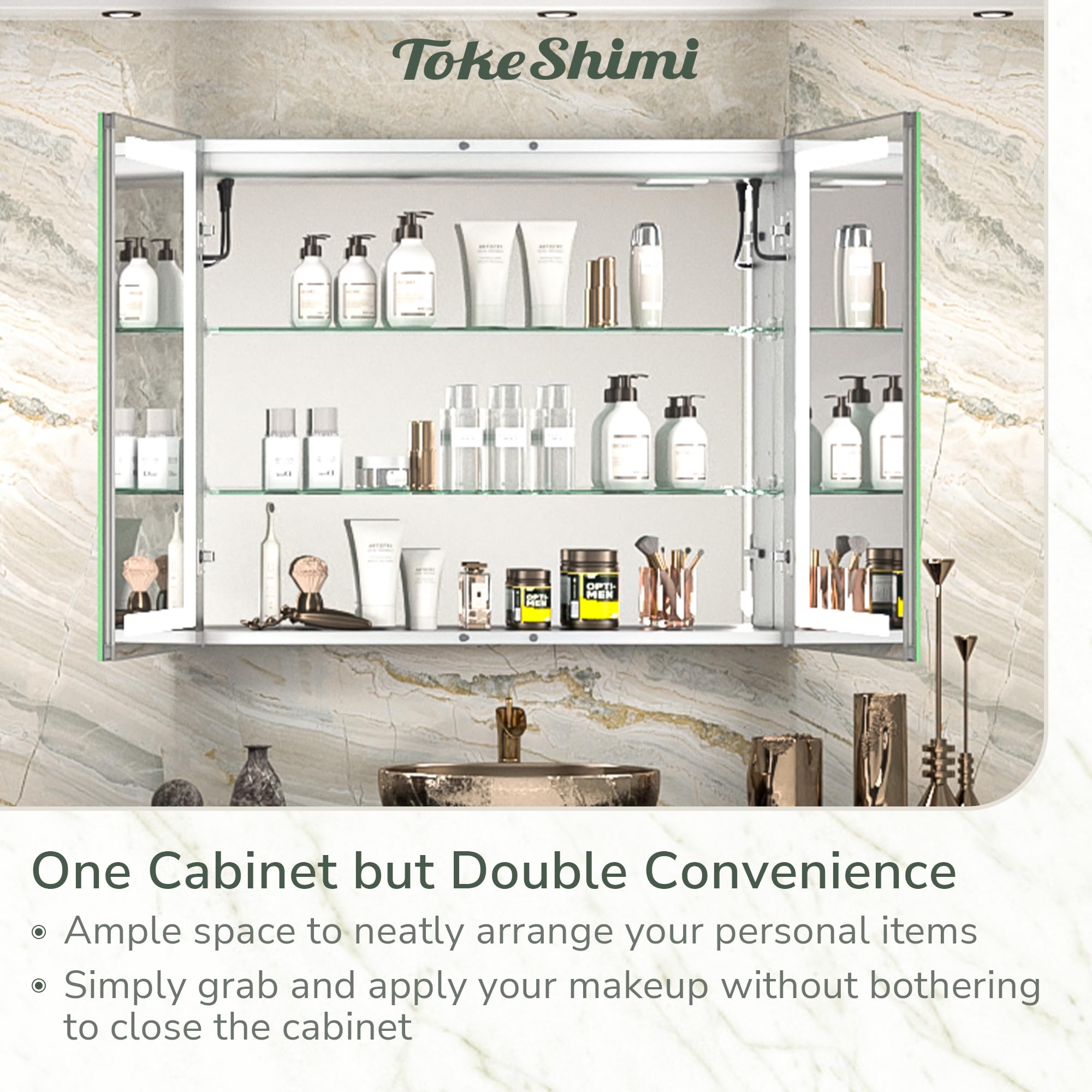 TokeShimi 40x32 Surface Mount Medicine Cabinet Mirror with Electrical Outlet, Frontlit Anti-Fog 3 Colors Temperature Dimmable Surface or Recessed Mount for Bathroom Vanity and Modern