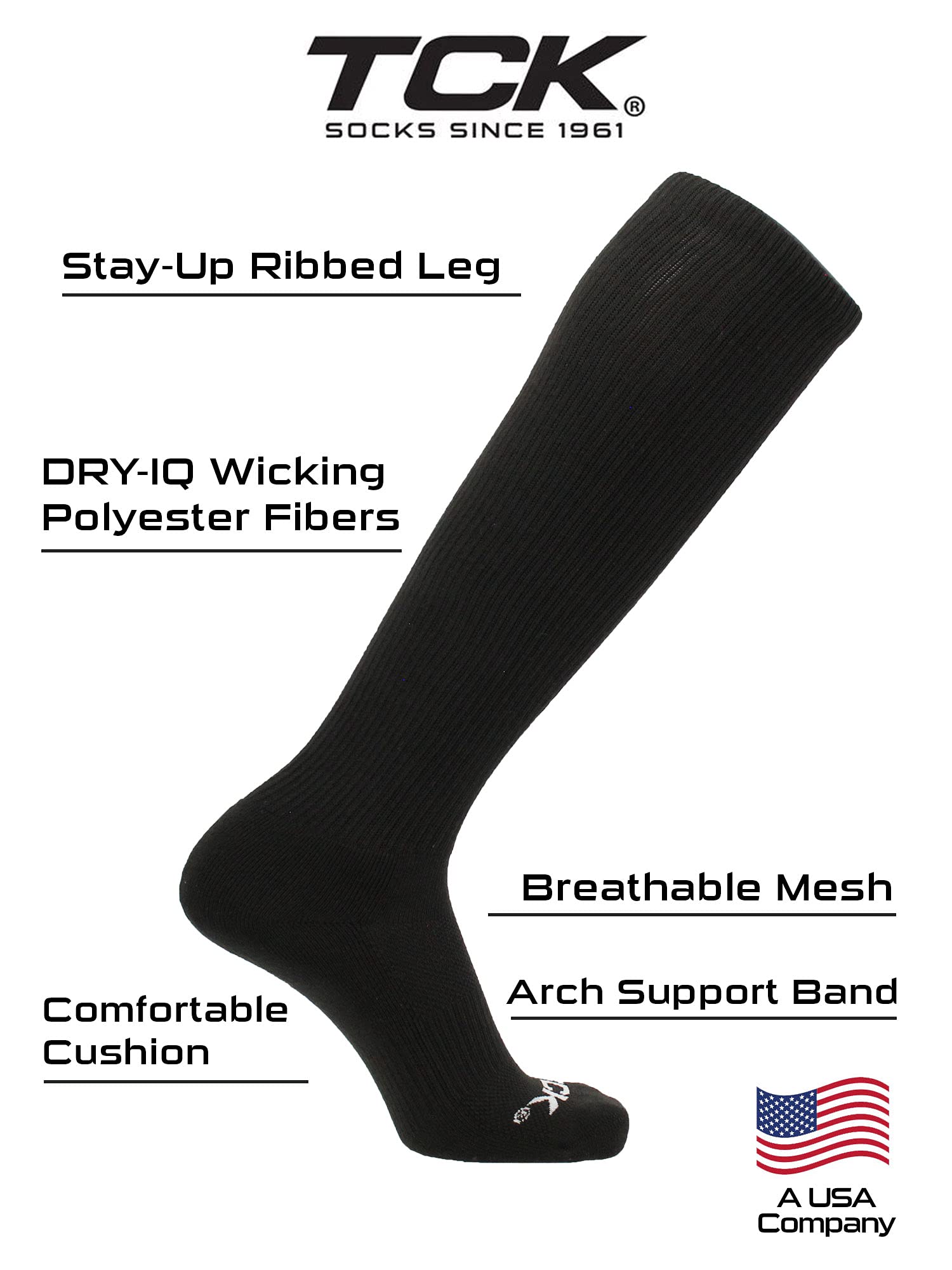 TCK Over the Calf Work Socks 3 Pair Moisture Wicking for Men and Women (Black, Large)