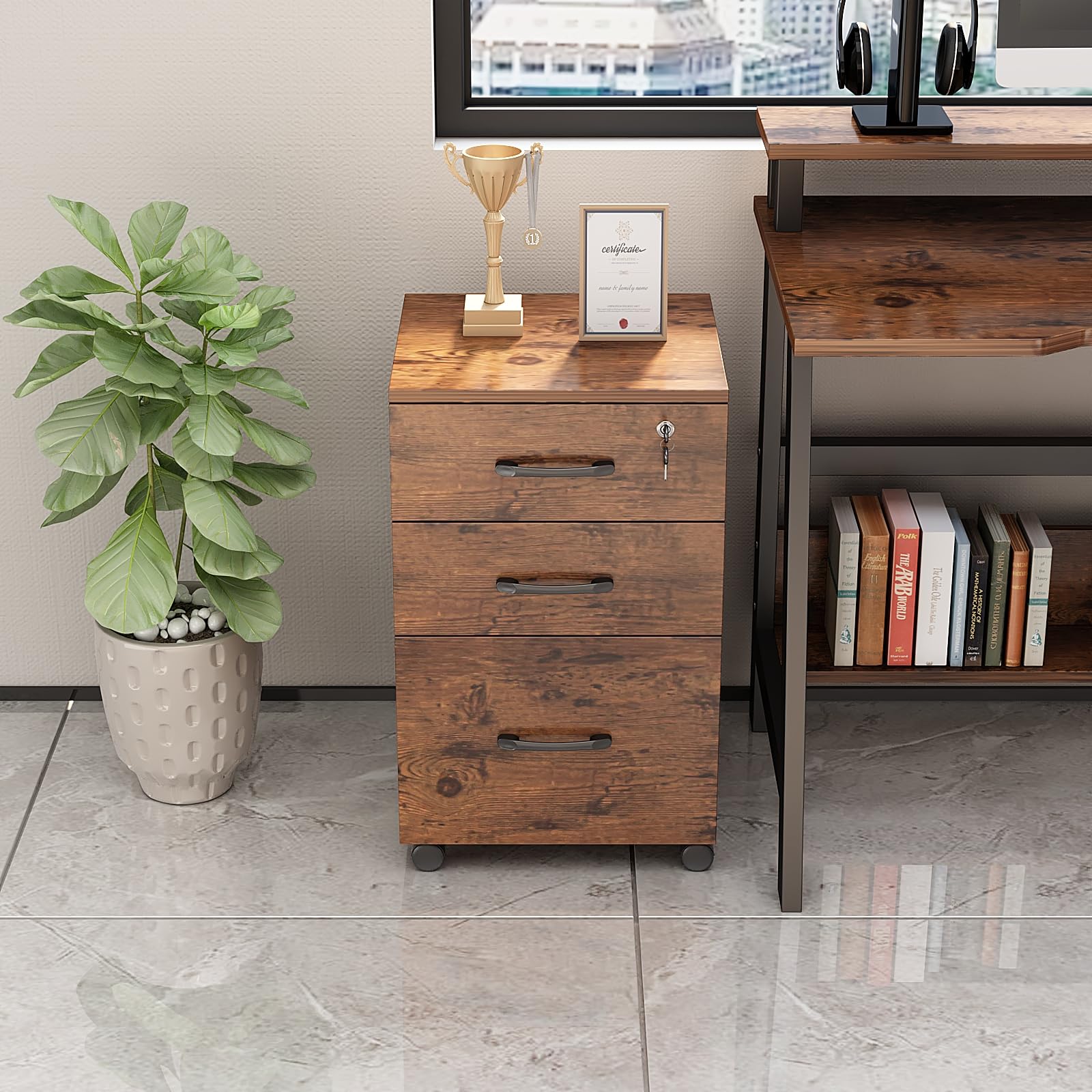 YQ JENMW File Cabinet 3 Drawers with 1 Lock, Wooden Rolling Mobile Filing Cabinet, Under Desk File Cabinet with Wheels, Removable File Cabinet for Home Office,Office Storage Cabinet Under Desk,Brown