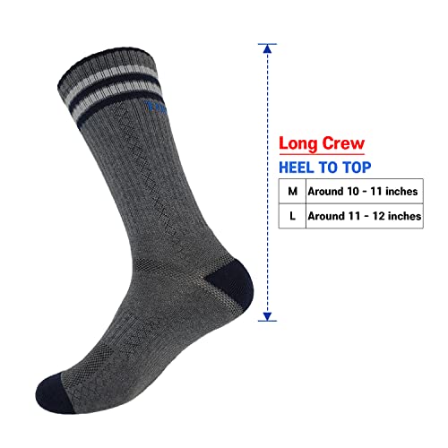 Tom & Mary Men’s Hiking Socks, Cotton (84%), Long Crew, Moisture Wicking, Half Double Cushioned, Lightweight (4 Pairs) (Large Size 11-14)